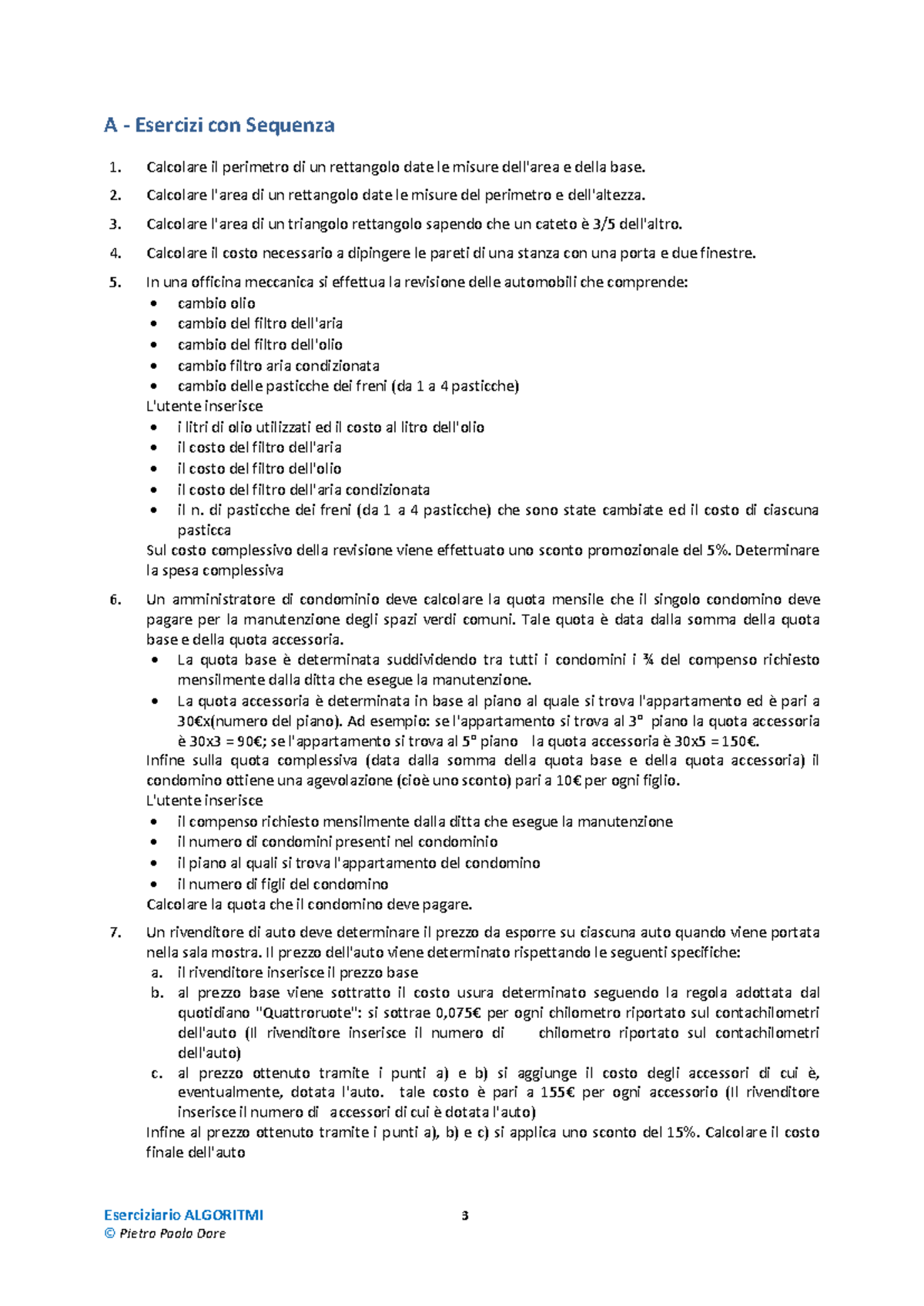 Eserciziario ALGORITMI 3: Esercizi con Sequenze e Formule - Studocu