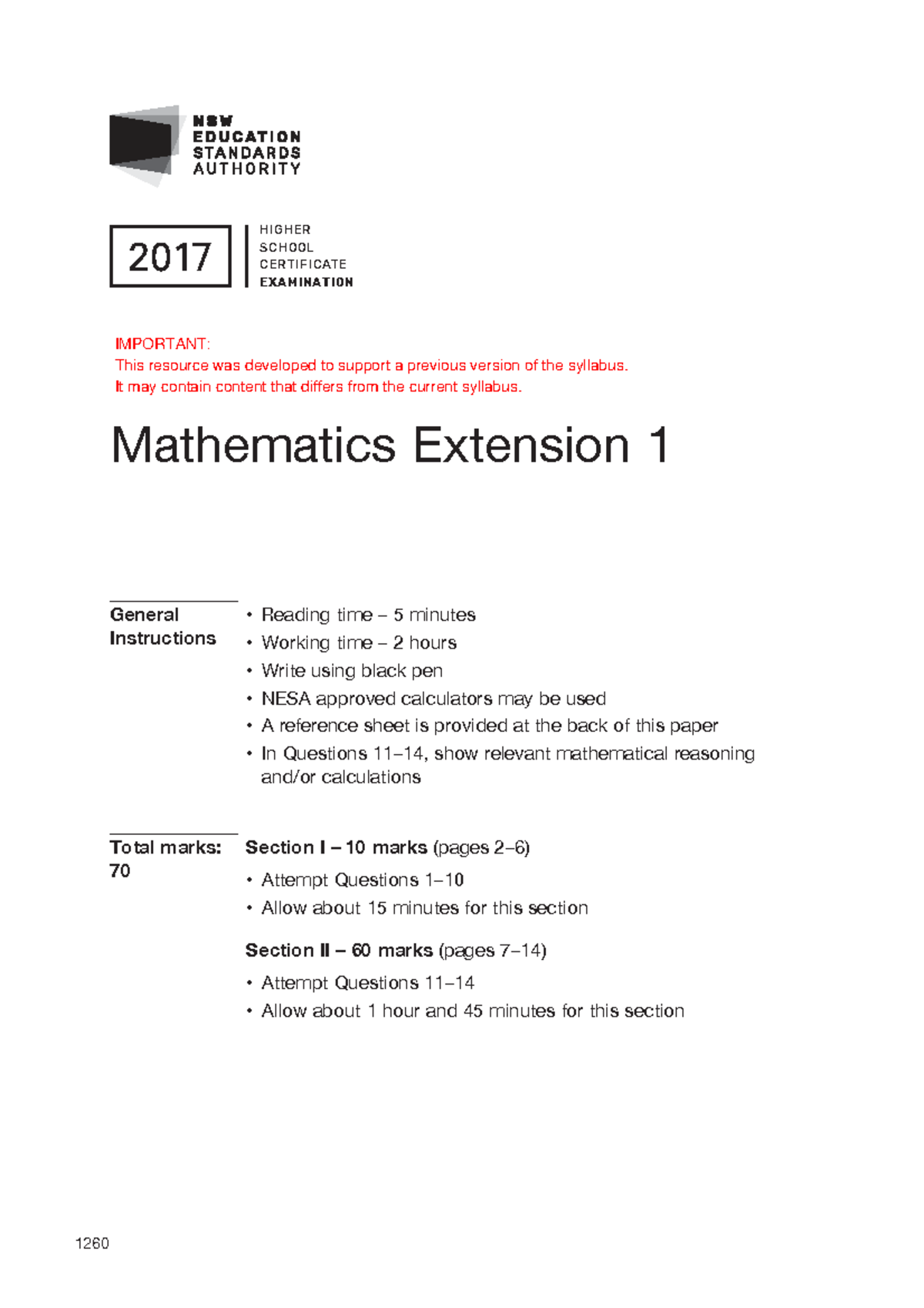 2017 HSC Mathematics Extension 1 Exam Paper - Important Notes - Studocu