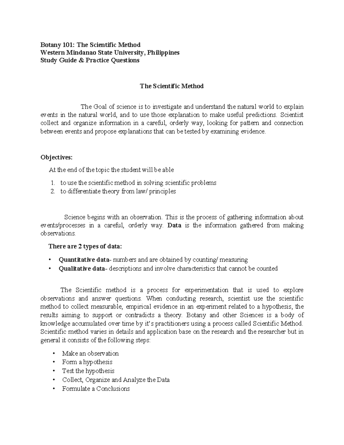 BOT 101 Scientific Method Study Guide & Practice Questions - Studocu
