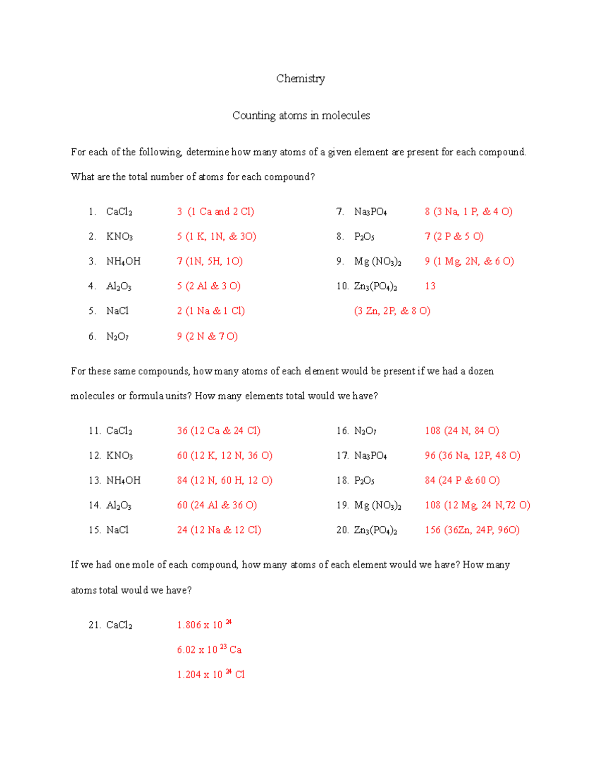 Counting Atoms & Mole Calculations - Chemistry Quiz Answers - Studocu