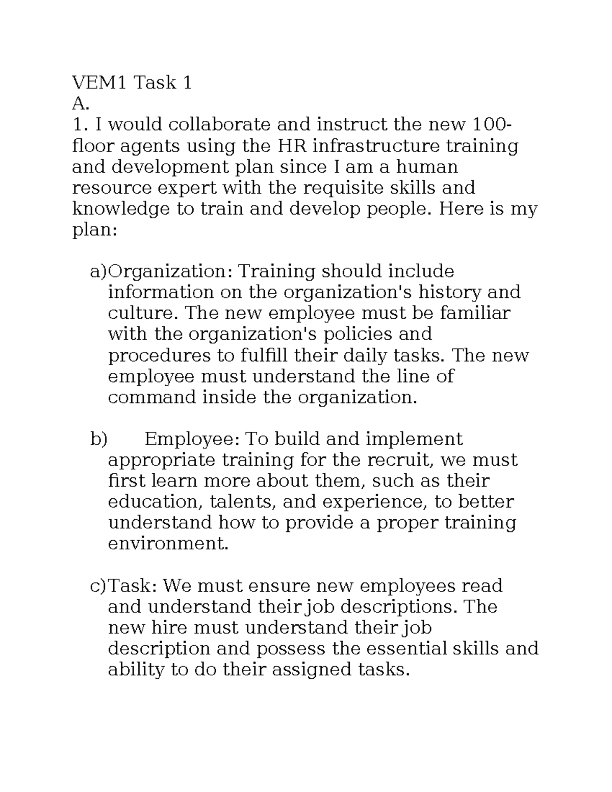 VEM1 Task 1 Final - Comprehensive Training Plan for New Hires - Studocu