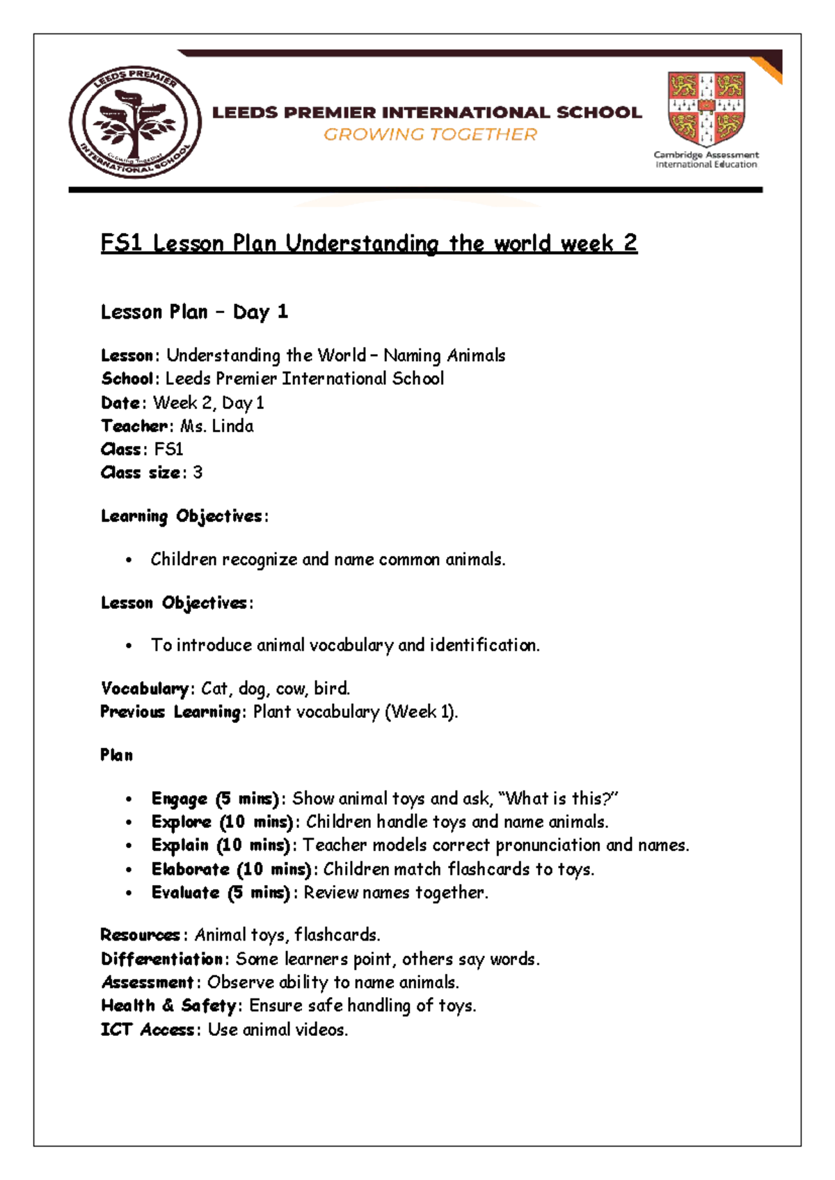 FS1 Lesson Plan: Understanding the World - Week 2 Term 3 - Studocu