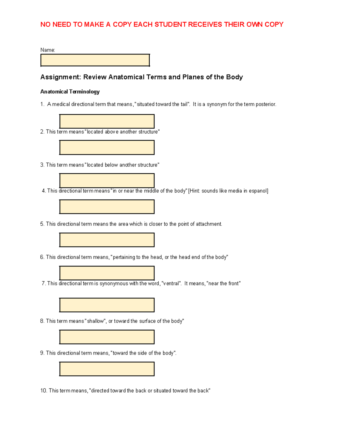 Anatomical Terms & Body Planes - Review Assignment Notes - Studocu