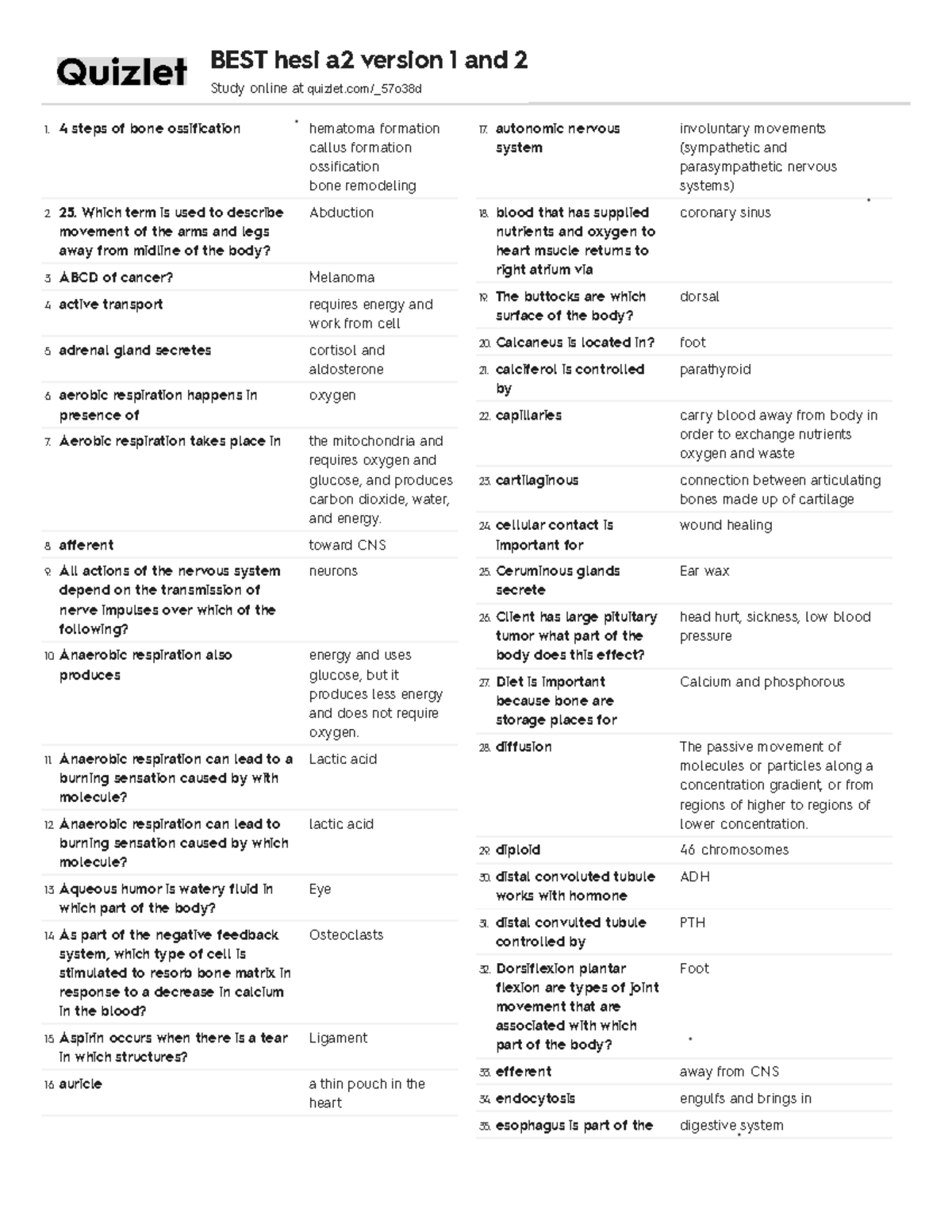 A&P HESI Quizlet Study Notes for HESI Exam V2 Anatomy - Studocu