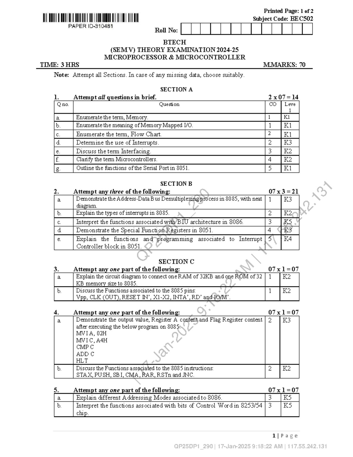 BEC502 - BTECH (SEM V) Theory Exam: Microprocessor & Microcontroller Guide - Studocu