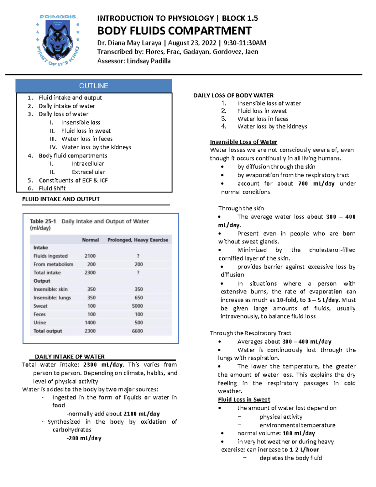 Fluid Compartments - FLUID INTAKE AND OUTPUT DAILY INTAKE OF WATER ...