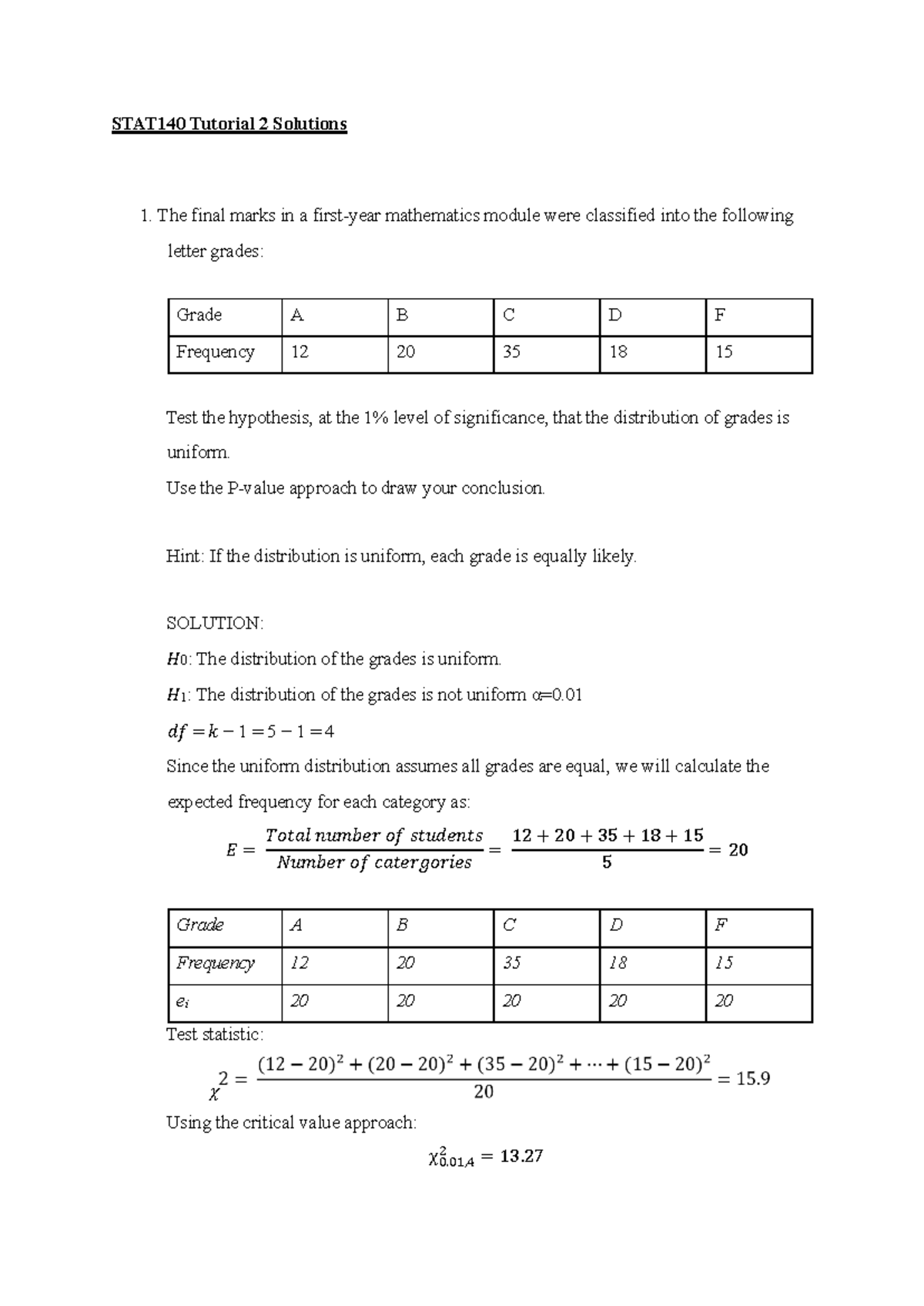 STAT140 Tutorial 2 Solutions: Hypothesis Testing and Analysis - Studocu