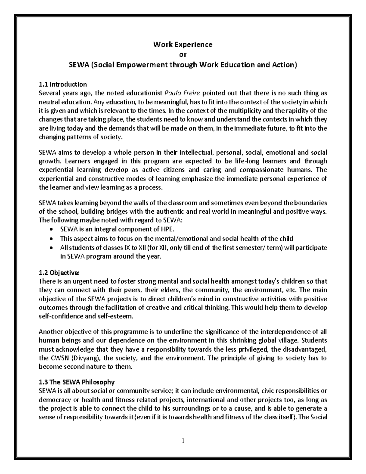 SEWA Project Report: Empowering Students through Community Involvement ...