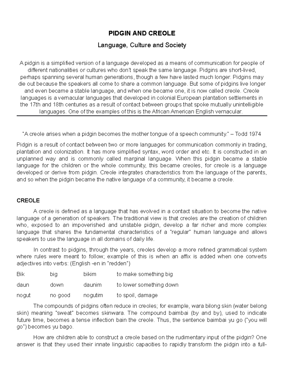 Pidginization and Creoles - PIDGIN AND CREOLE Language, Culture and ...