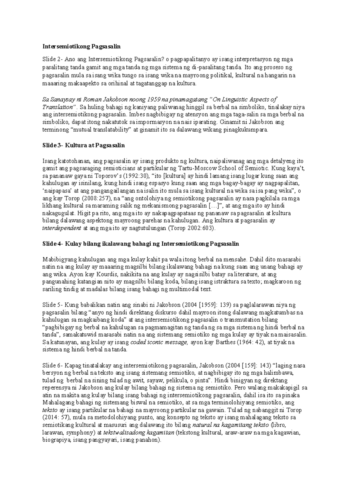Intersemiotikong Pagsasalin: Kultura at Ang Papel ng Kulay - Studocu