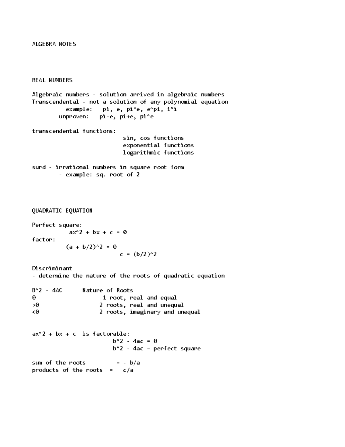 Algebra Notes: Real Numbers, Quadratic Equations & More - Studocu