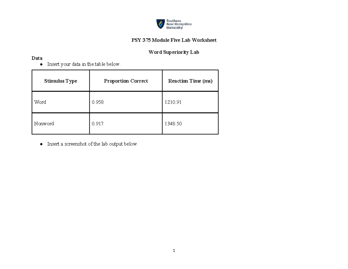 PSY 375 Module Five Lab Worksheet: Word Superiority Effect Analysis ...