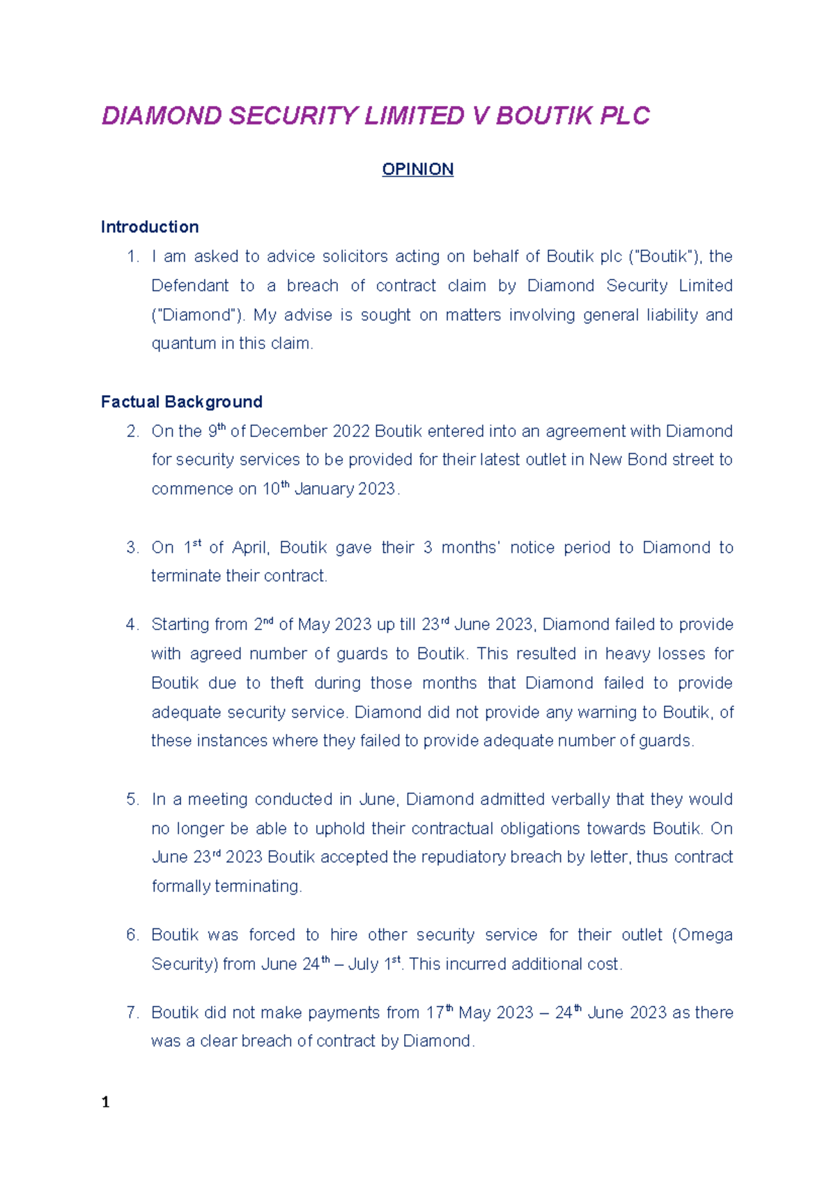 Diamond V Boutik - Opinion Writing - DIAMOND SECURITY LIMITED V BOUTIK PLC OPINION Introduction ...