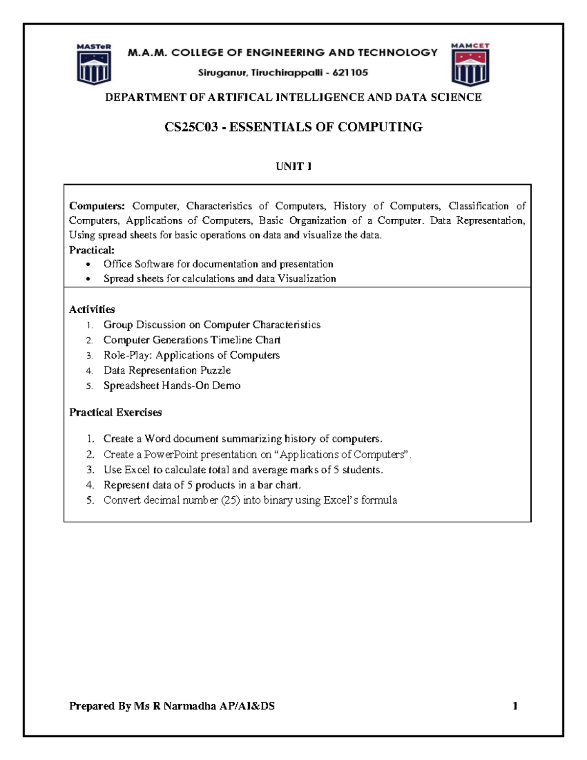 CS25C03 Essentials of Computing: Unit I Notes on Computers - Studocu