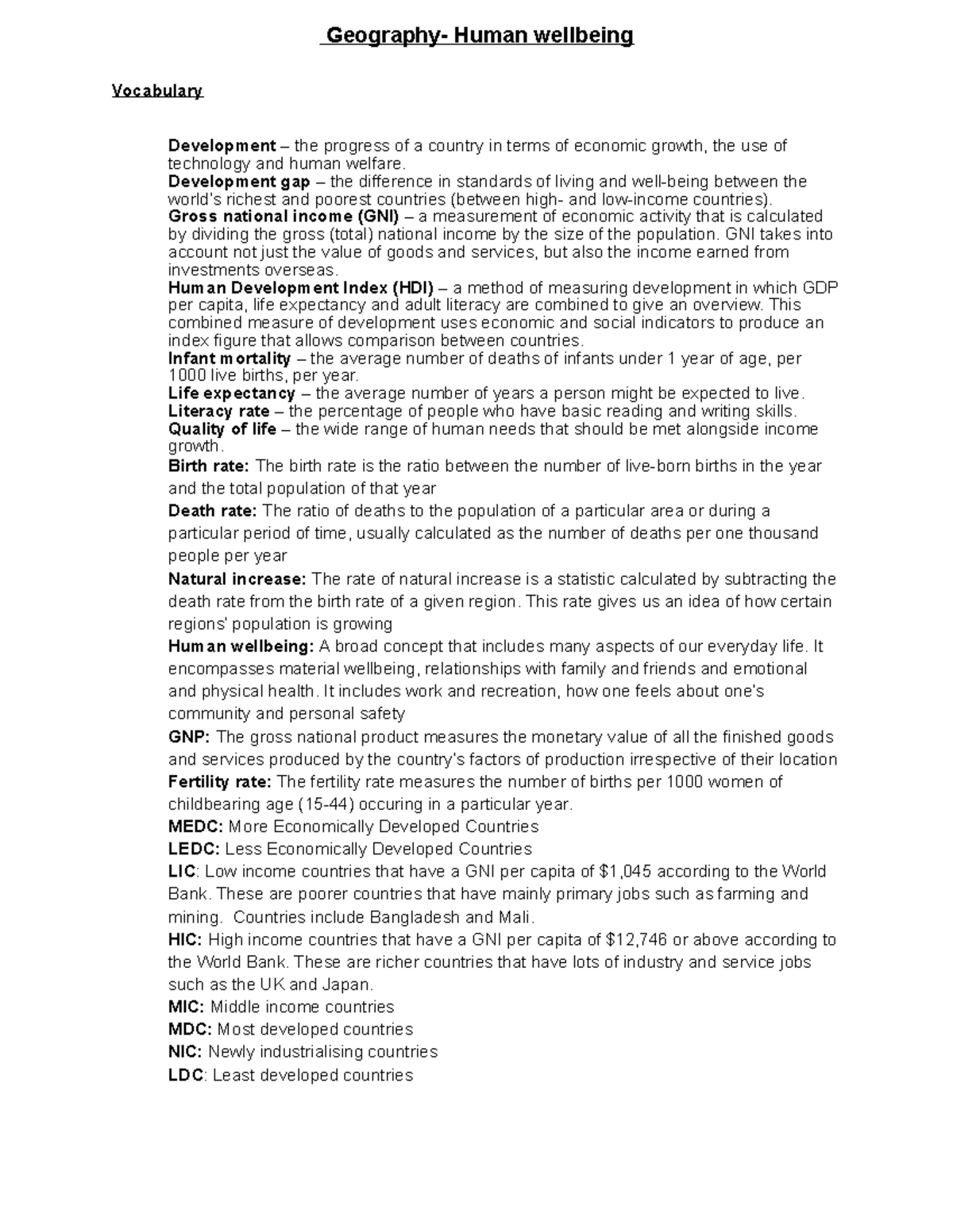 Geography Exam Notes: Human Wellbeing and Development Gaps - Studocu