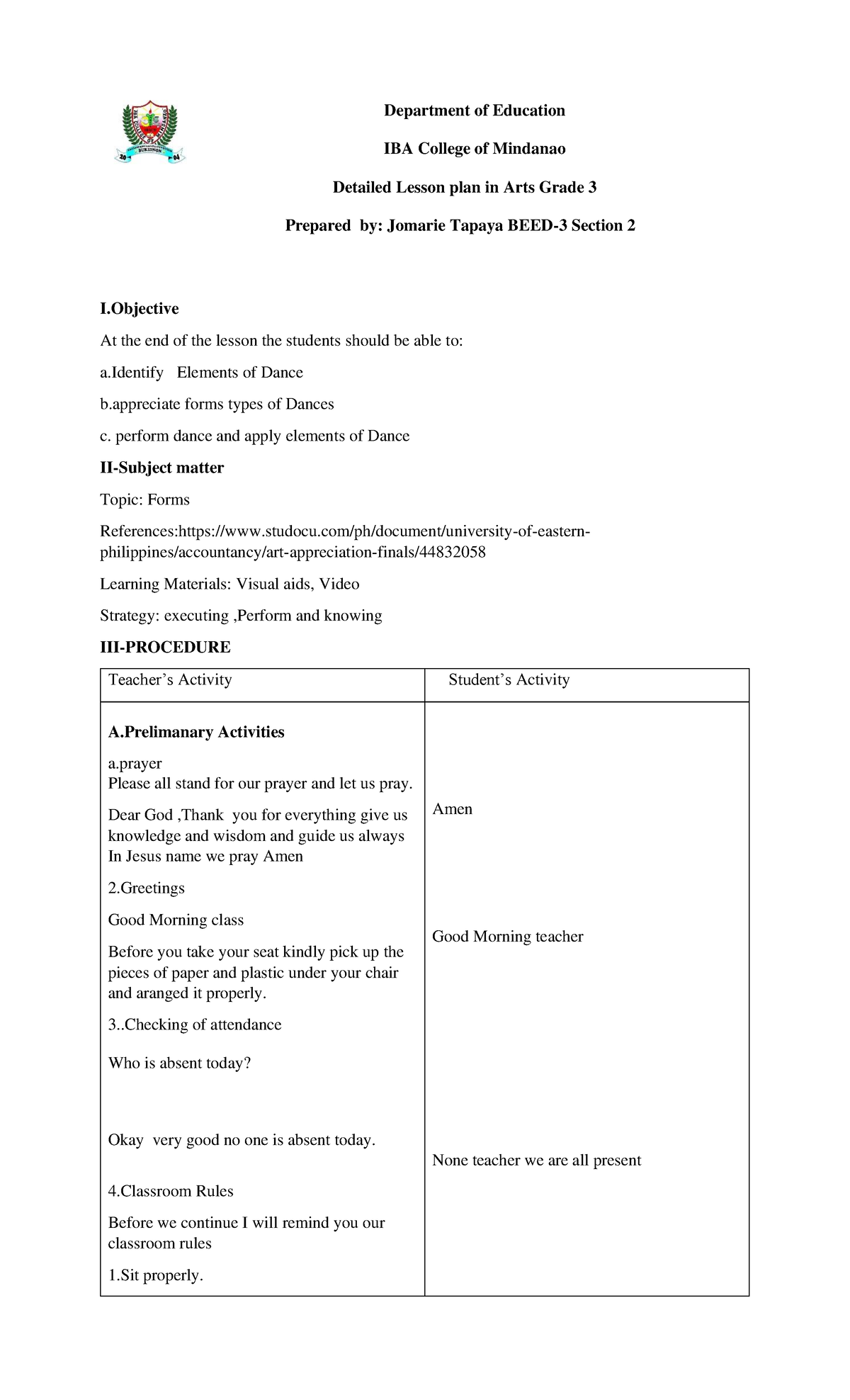 I am sharing 'Arts lesson plan' with you - Department of Education IBA ...