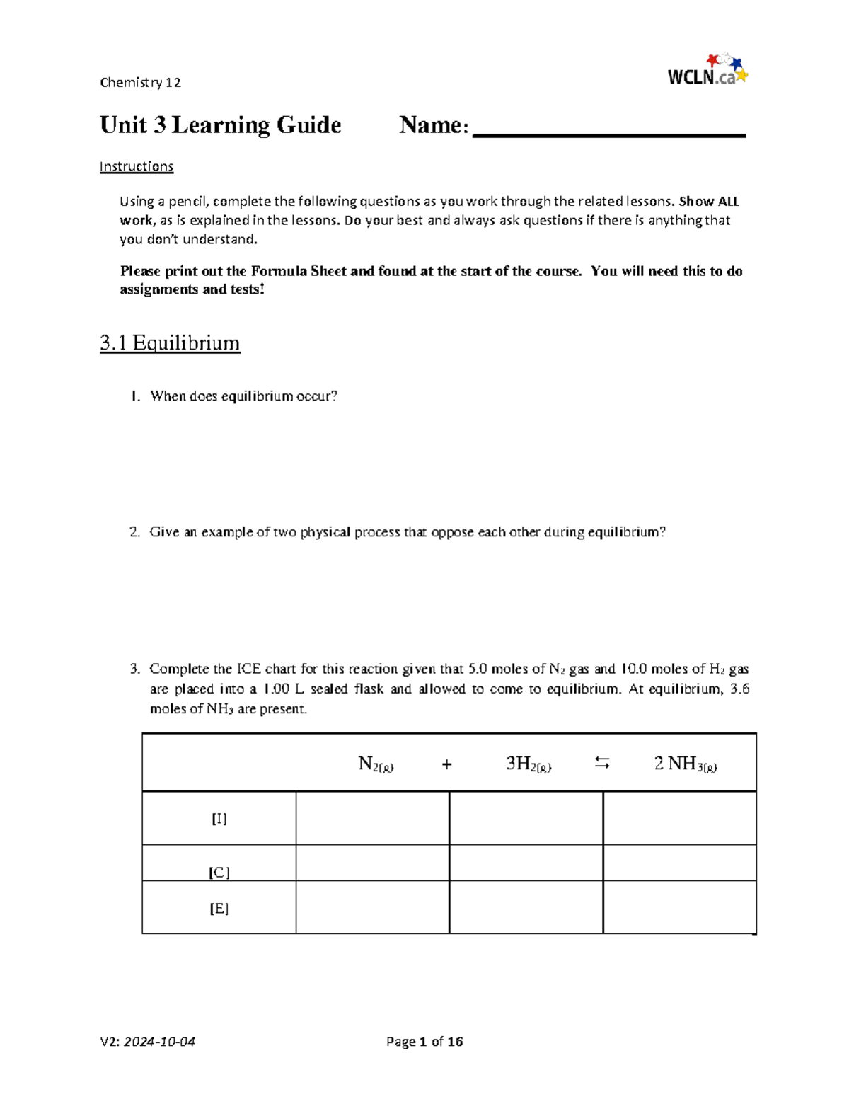 Chemistry 12 Unit 3 Learning Guide: Equilibrium Concepts and ...
