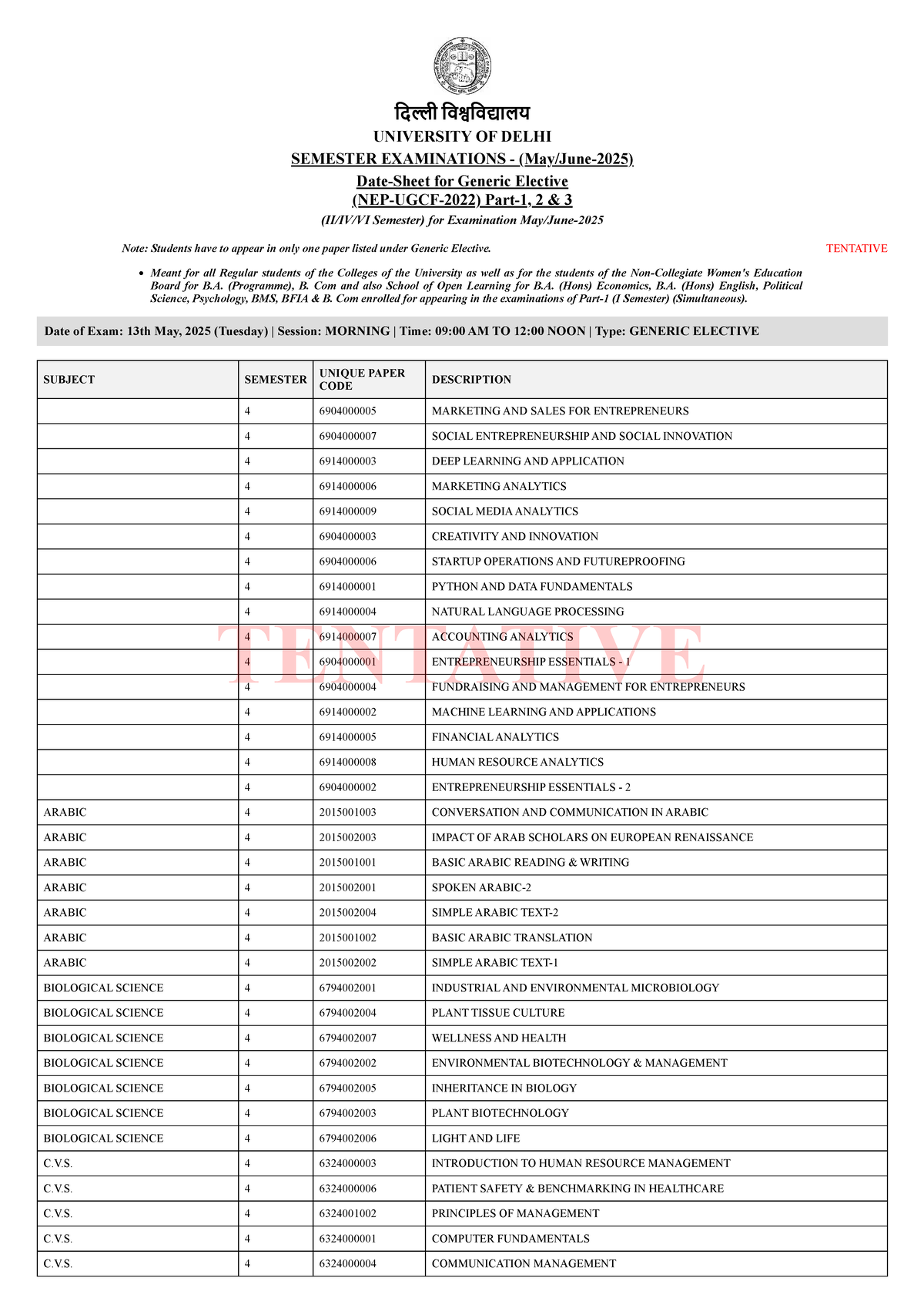 UNIVERSITY OF DELHI GENERIC ELECTIVE EXAMINATION SCHEDULE (MAY-JUNE ...