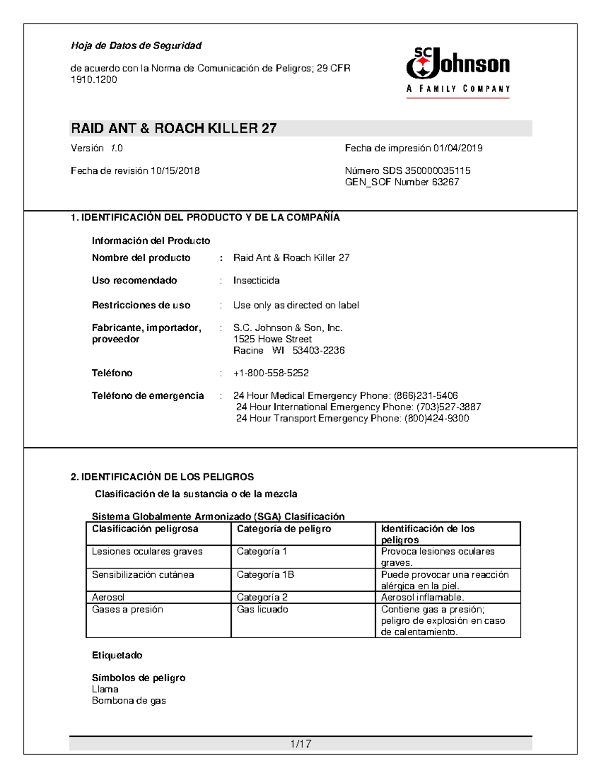 Hoja de Datos de Seguridad (SDS) RAID ANT ROACH KILLER 27 - Studocu