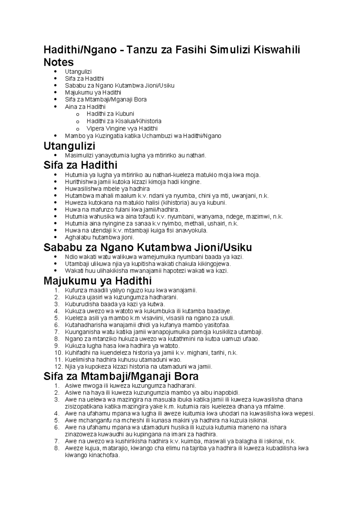Ngano - Tanzu za Fasihi Simulizi Kiswahili Notes - Studocu