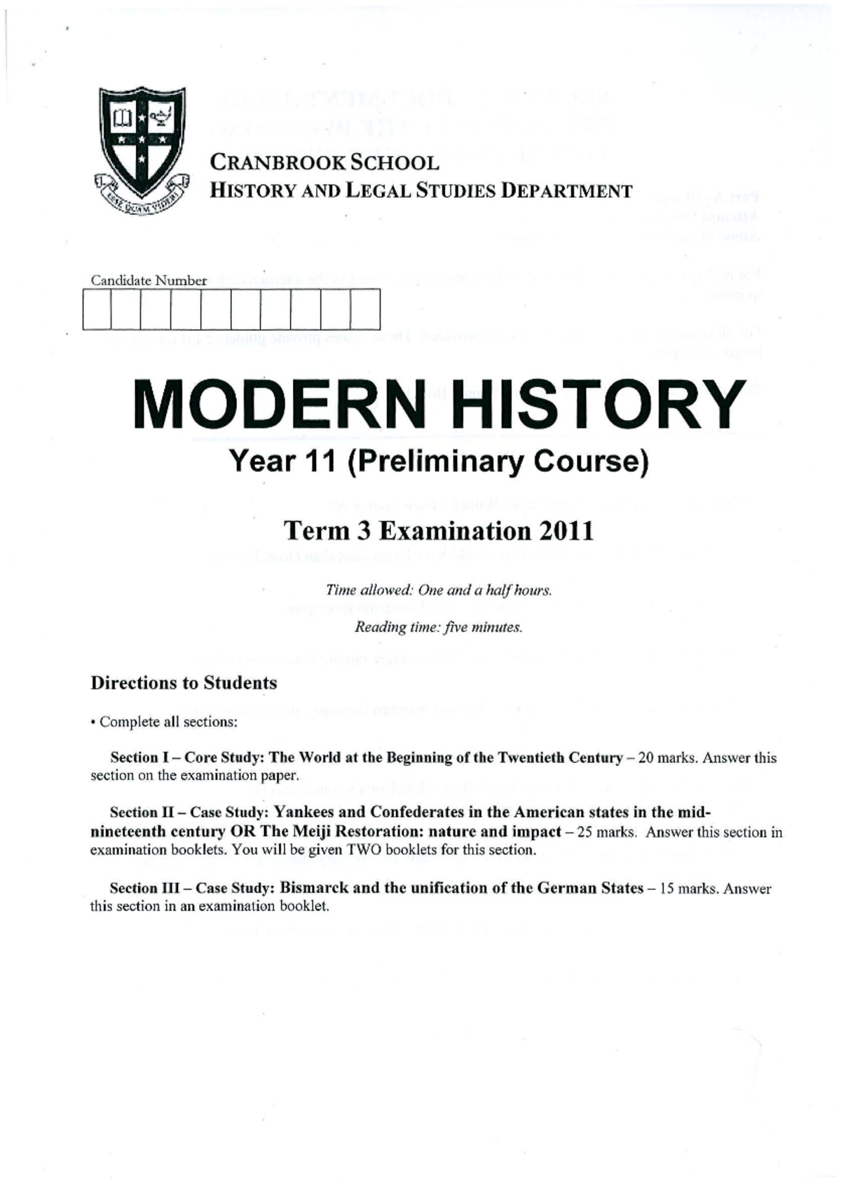 CRANBROOK SCHOOL MODERN HISTORY Year 11 Term 3 Exam 2011 - Studocu