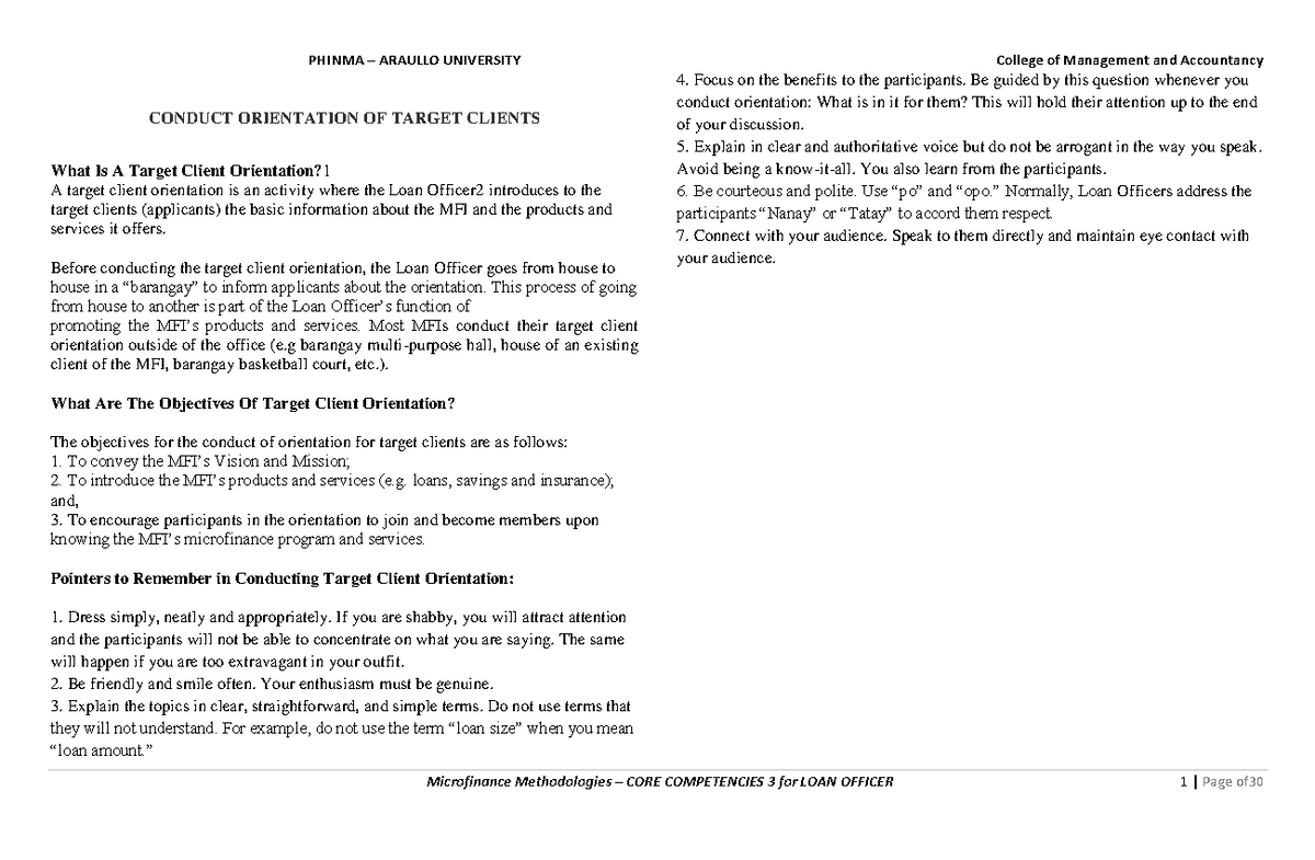 Notes IN Client Orientation - CONDUCT ORIENTATION OF TARGET CLIENTS ...