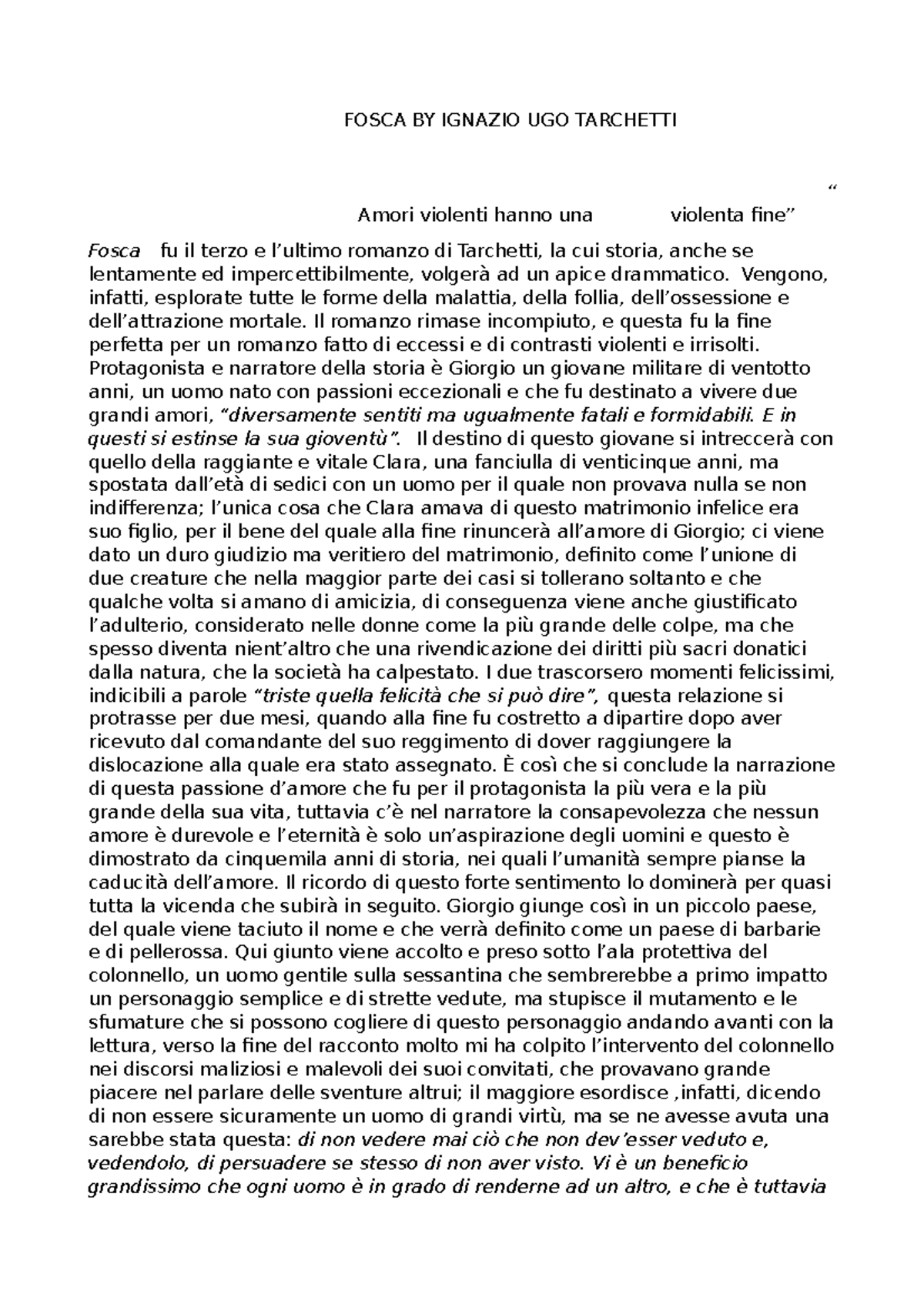 Fosca: Amore e Malattia in Tarchetti - Analisi e Temi Profondi - Studocu