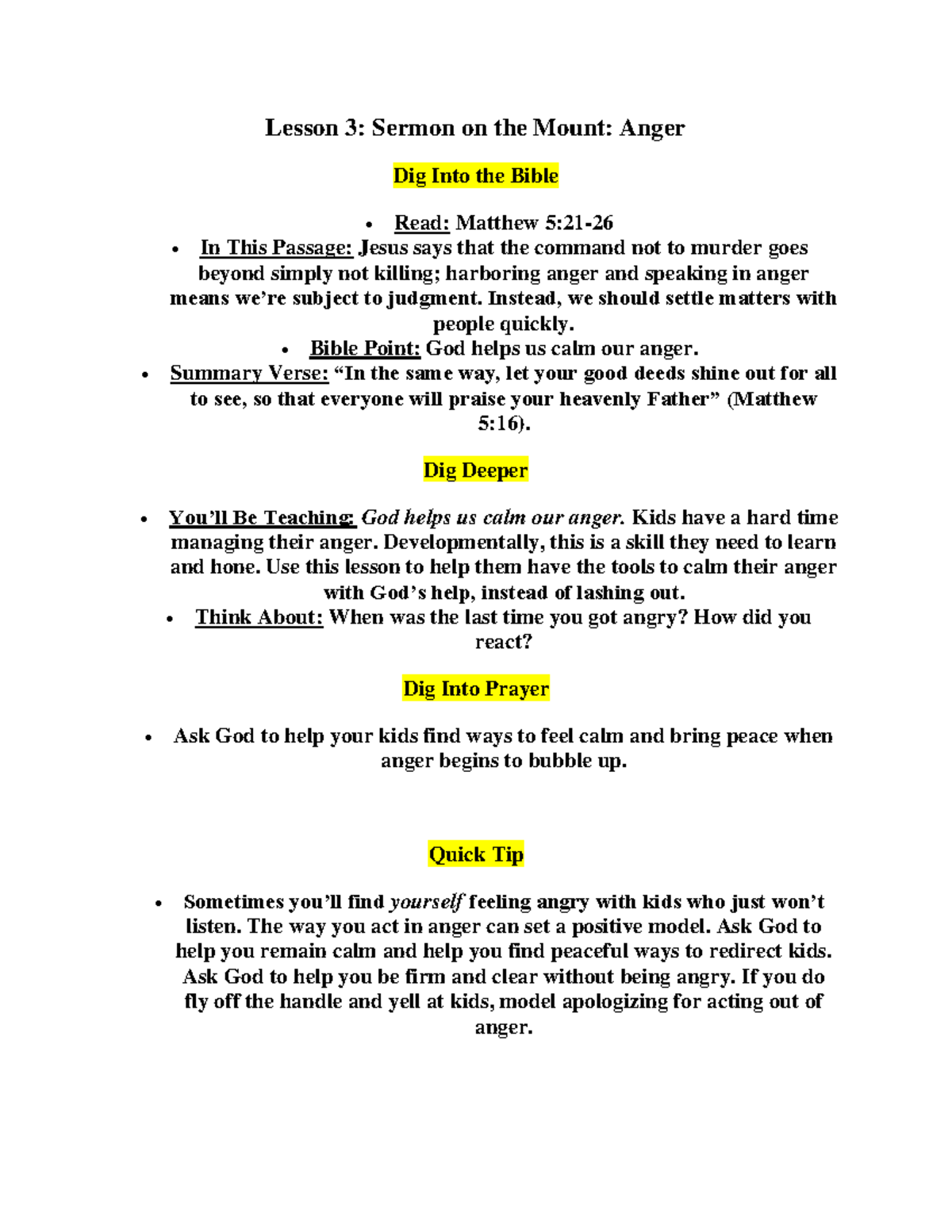 Lesson-3 - Course outline - Lesson 3: Sermon on the Mount: Anger Dig ...