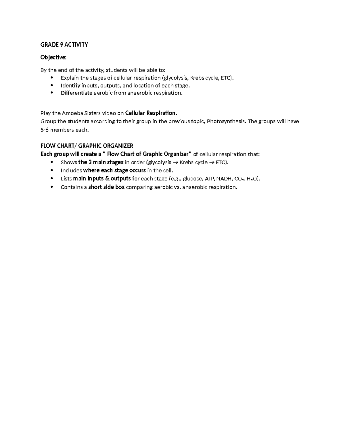 Grade 9 Activity: Cellular Respiration Stages & Flow Chart - Studocu