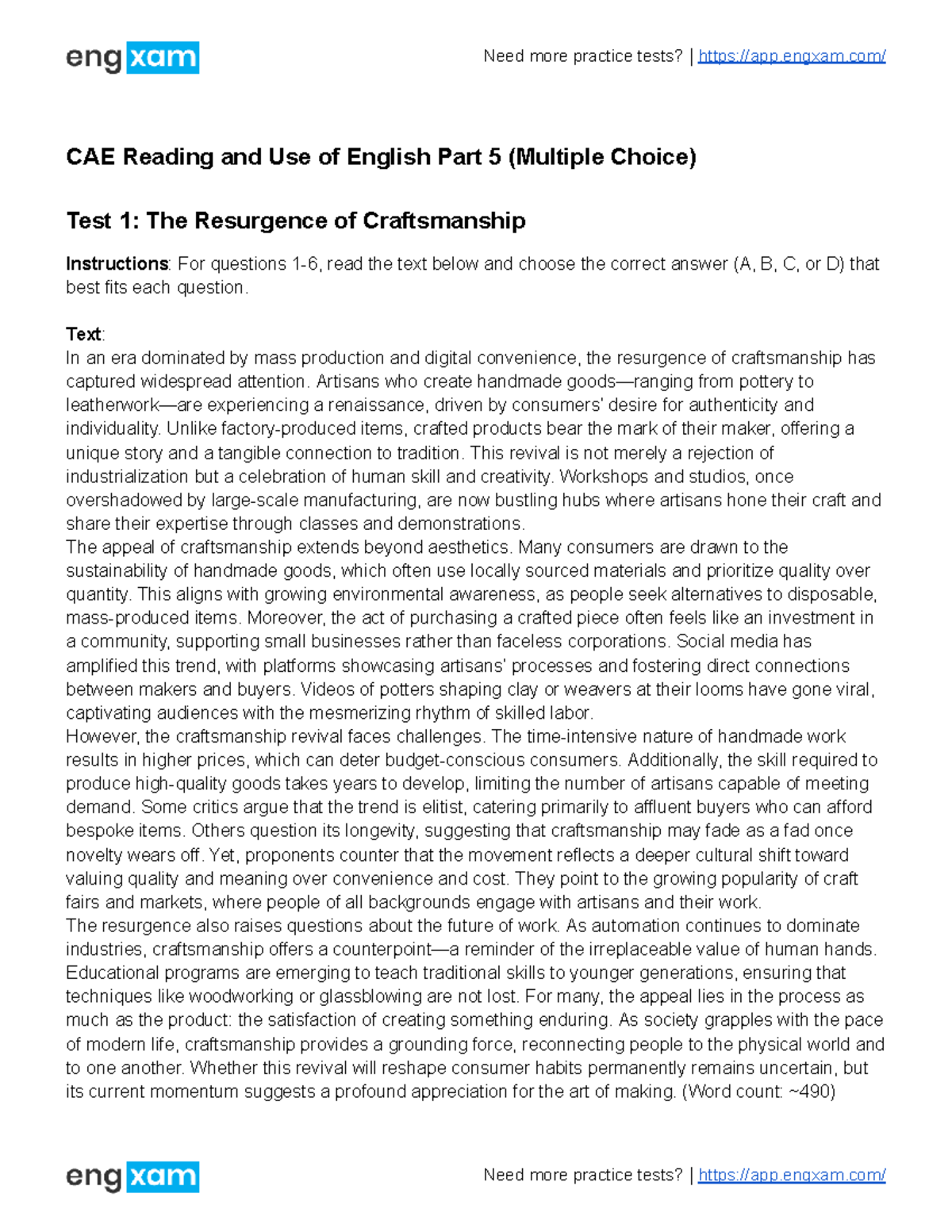 CAE Reading and Use of English Part 5: Craftsmanship Revival Practice ...