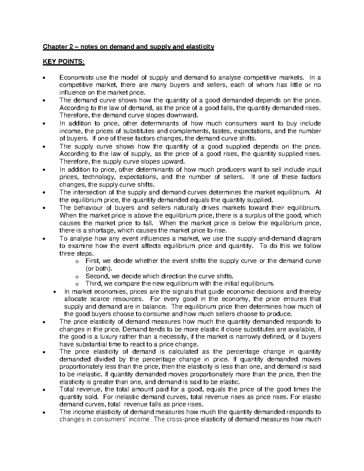 Demand, Supply, and Elasticities: Chapter 2 Notes Summary - Studocu