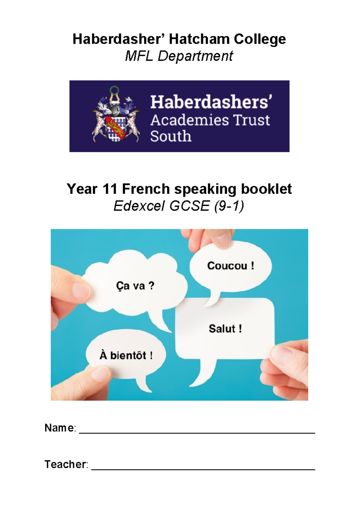 Edexcel GCSE French Speaking Booklet 2024 - Year 11 Guide - Studocu