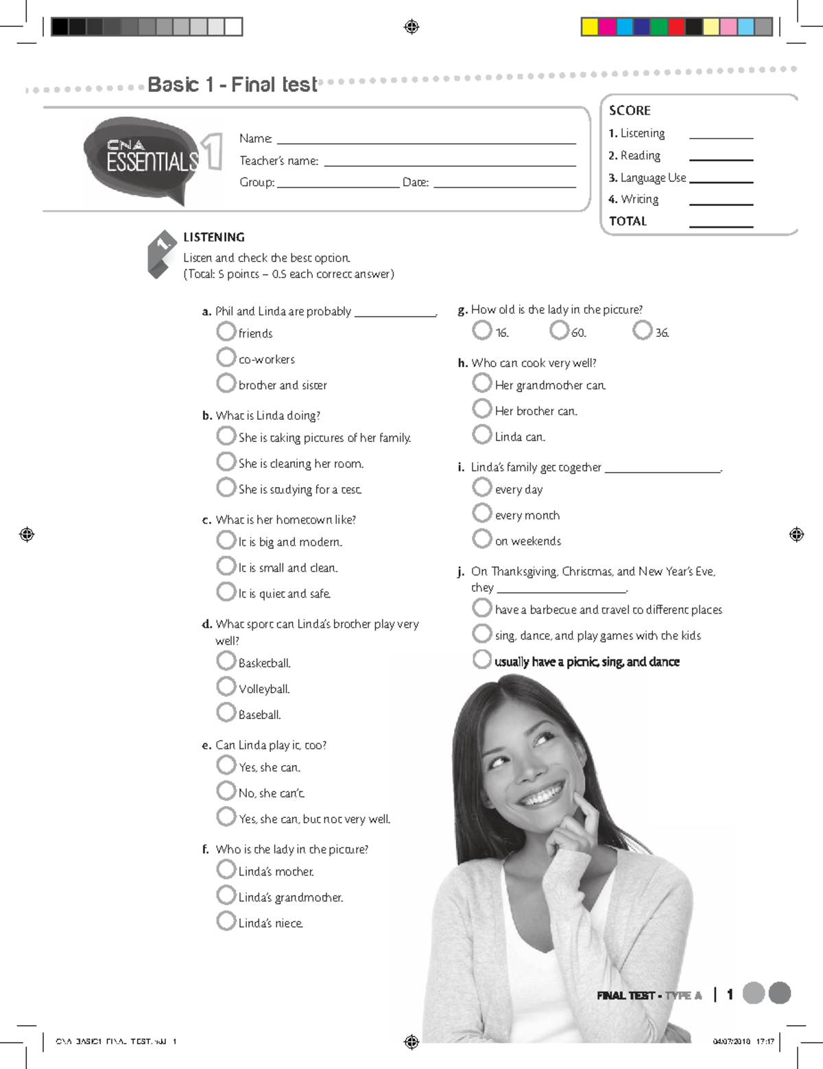 CNA_BASIC1 Final Test: Listening, Reading, and Writing Assessment - Studocu
