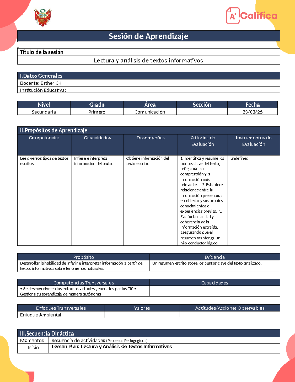 Lectura y análisis de textos informativos - Sesión de Aprendizaje ...