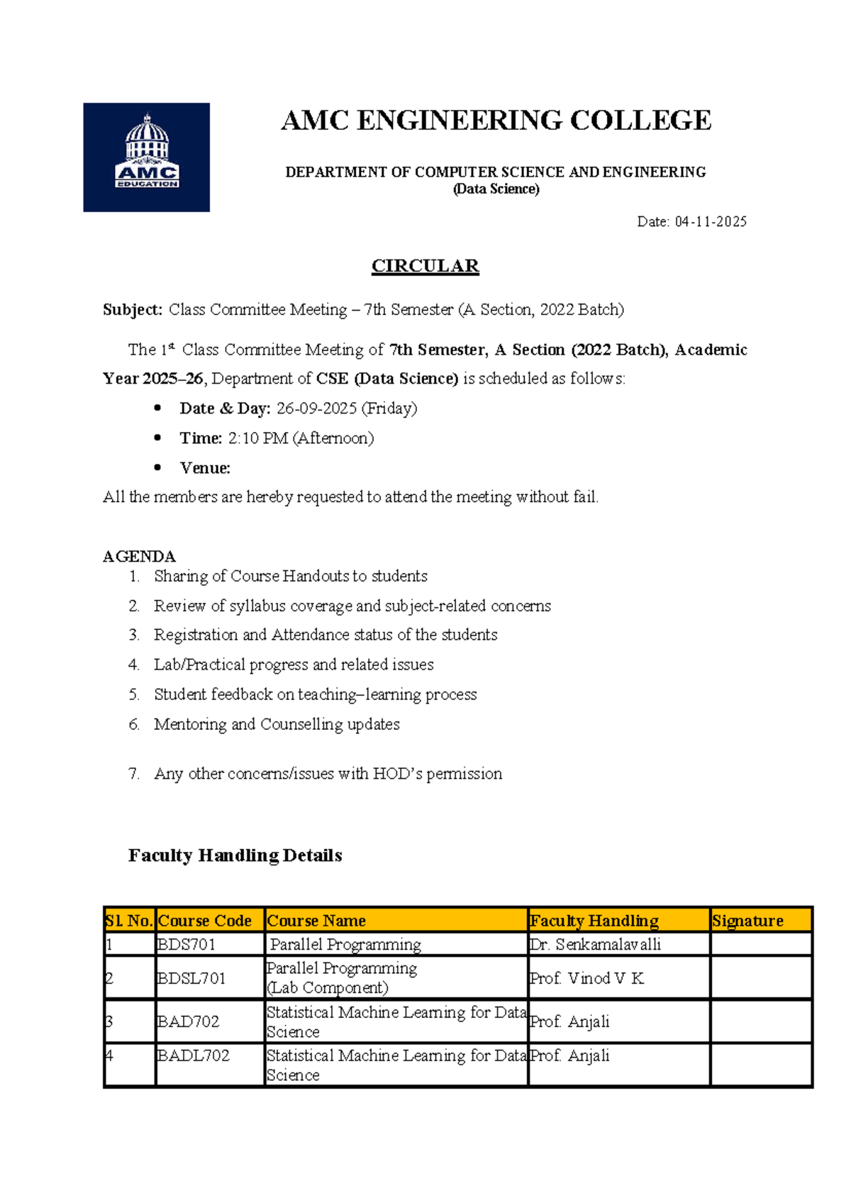 7th Semester A Section Class Committee Meeting Notes - CSE 2022 Batch ...