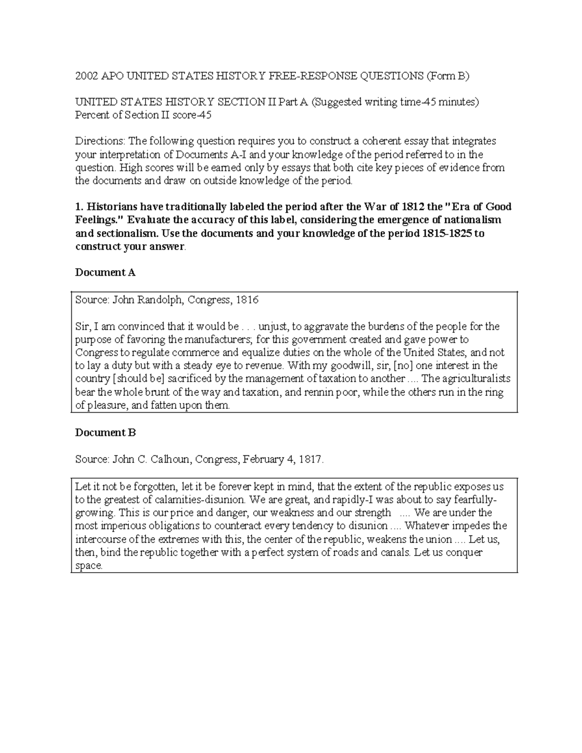 2002 APUSH DBQ: Evaluating the Era of Good Feelings - Studocu