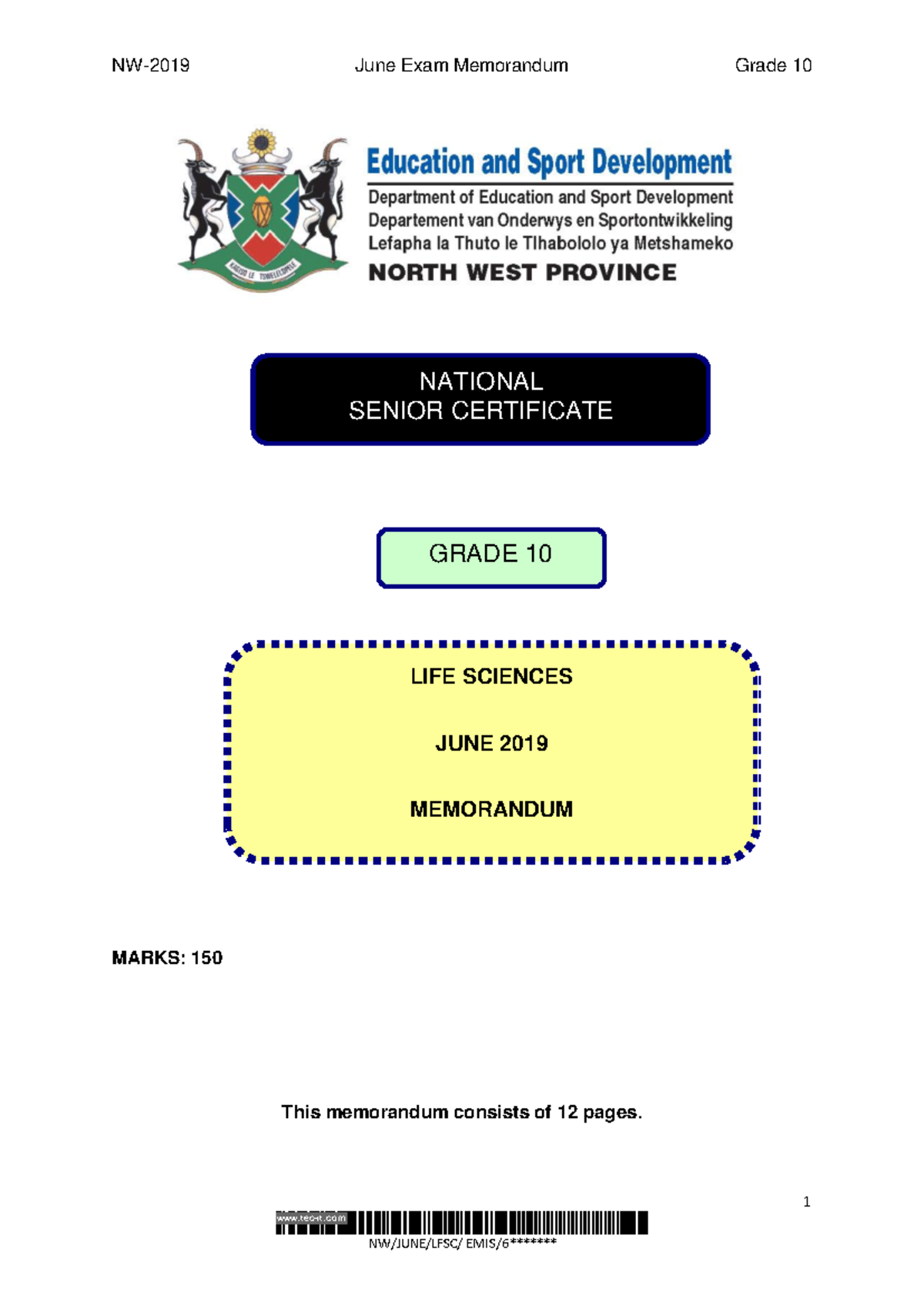 Grade 10 Life Sciences June 2019 Exam Memorandum (CAPS) - Studocu