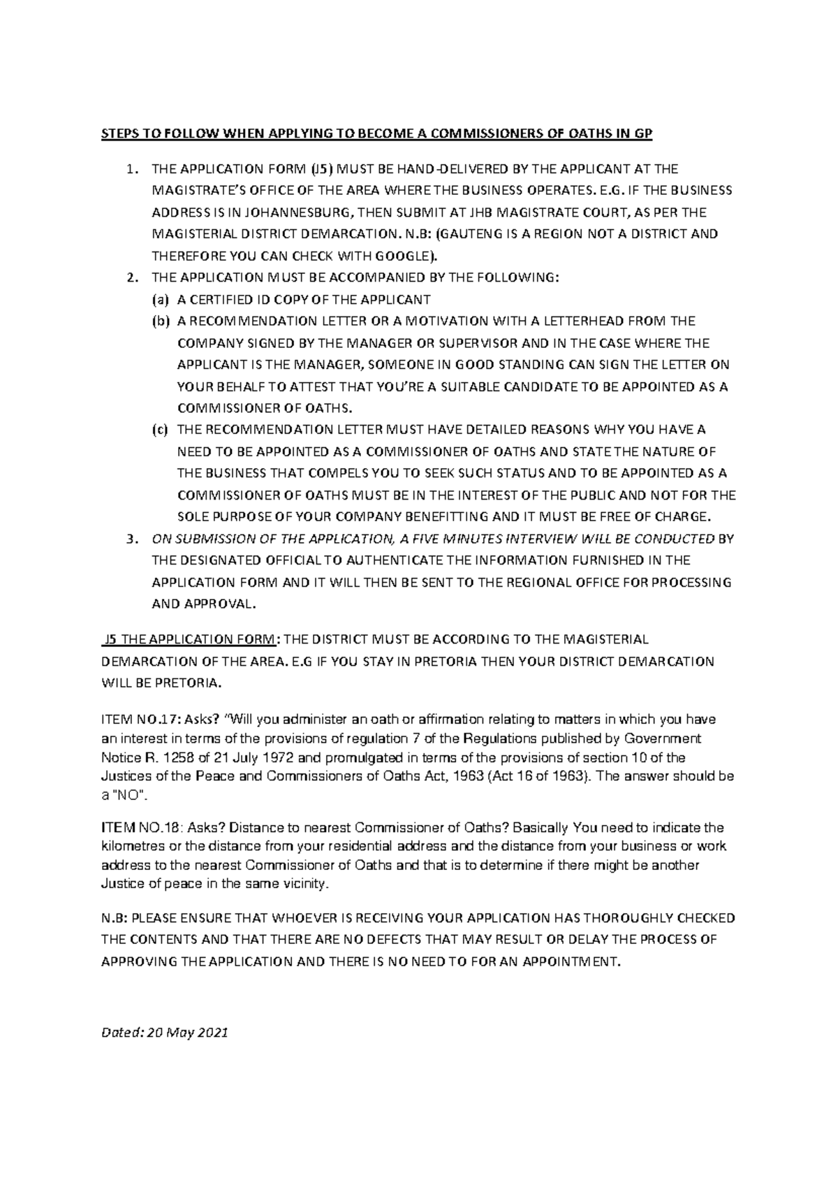 Guidelines for Applying as a Commissioner of Oaths - GP 20210520 - Studocu