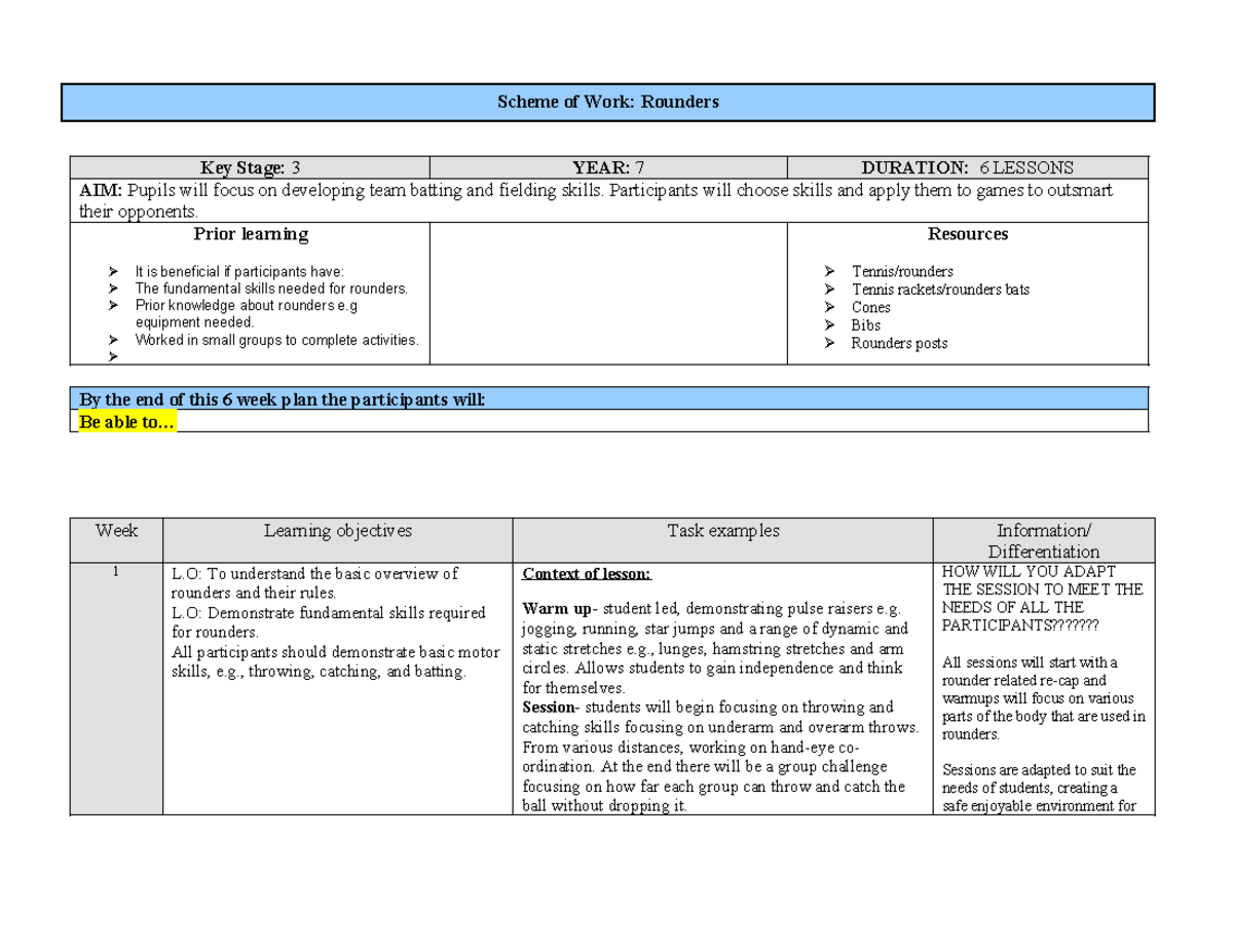 Scheme of Work: Rounders for Key Stage 3 (Year 7) - 6 Lesson Plan - Studocu