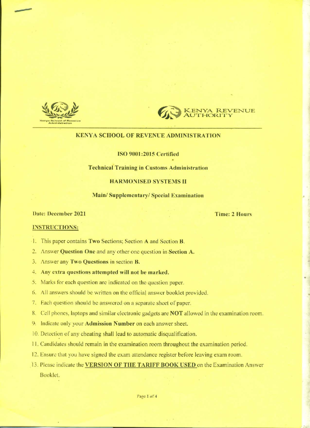 Harmonised System II Special Exam Instructions - TTC 2021 - Studocu