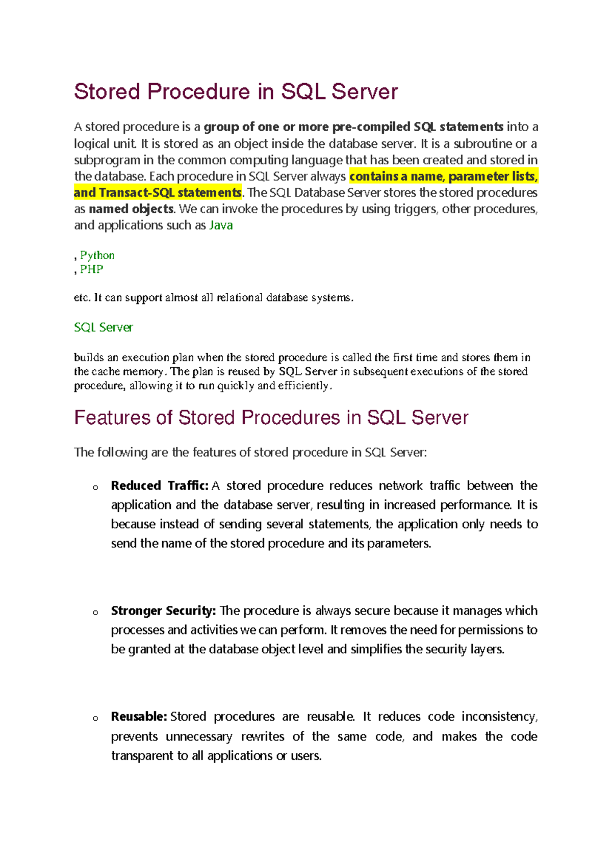 SQL Server Stored Procedures: Comprehensive Notes and Insights - Studocu