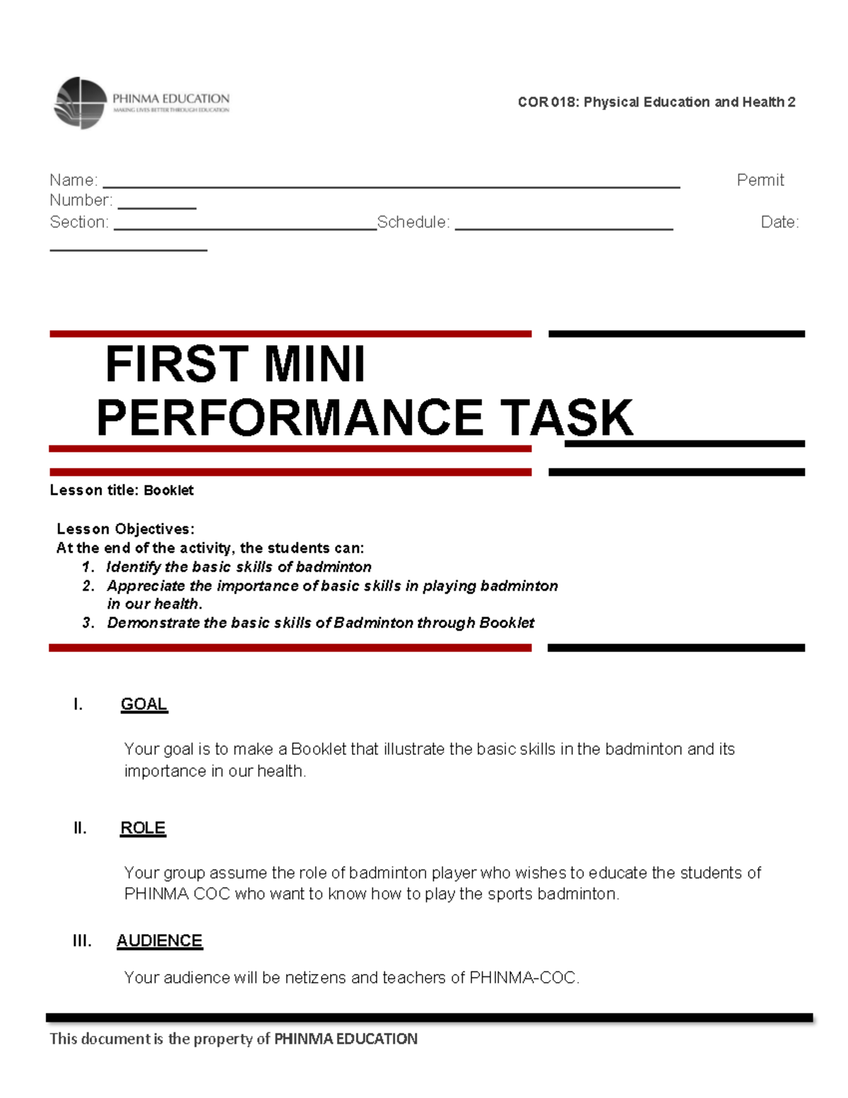 COR 018: 1st Mini Performance Task on Badminton Skills Booklet - Studocu