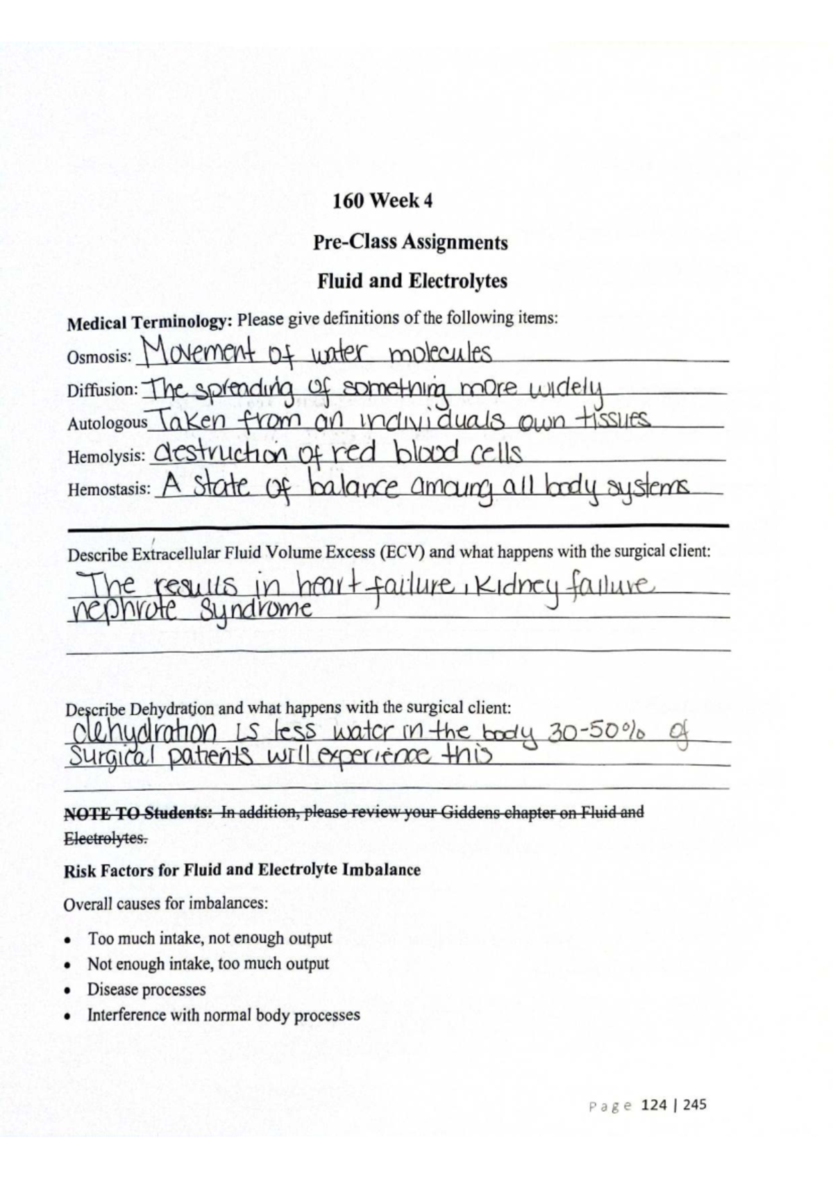 NUR160 Week 4 Assignments: Fluid & Electrolytes Terminology and ...