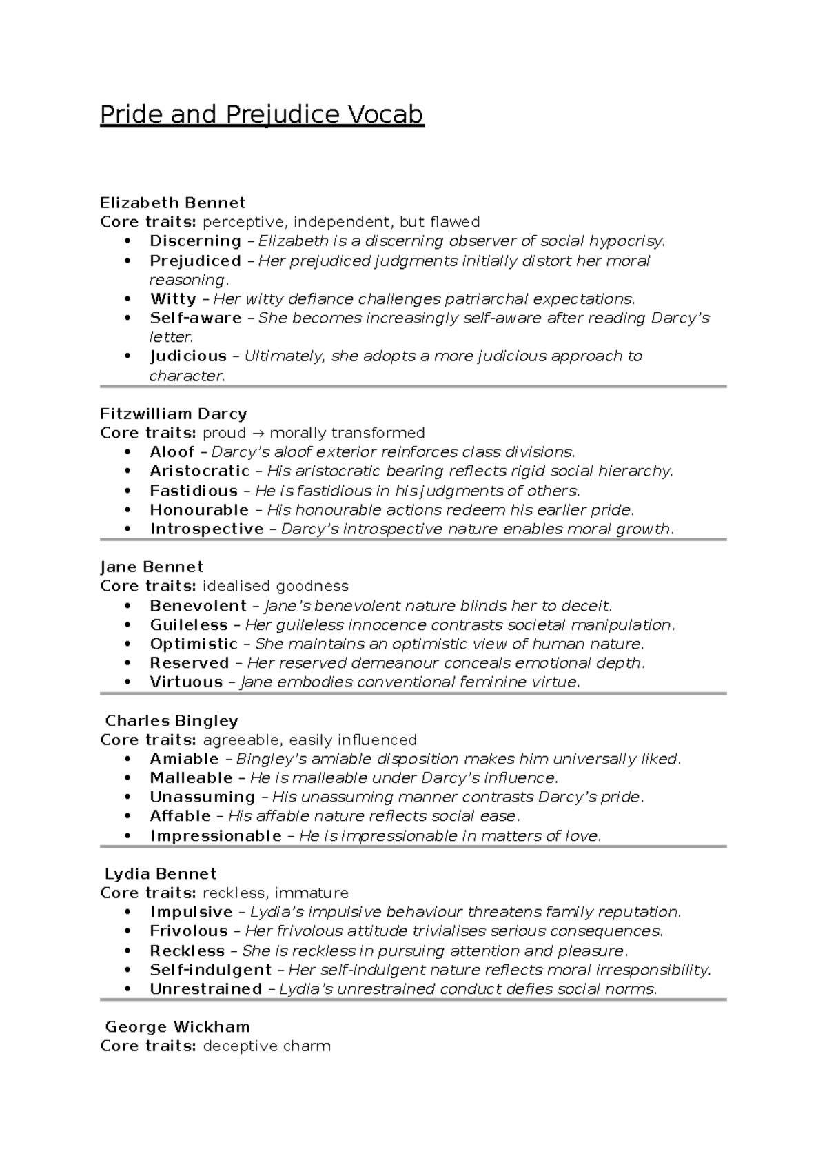 Pride and Prejudice Vocab Analysis: Key Character Traits - Studocu