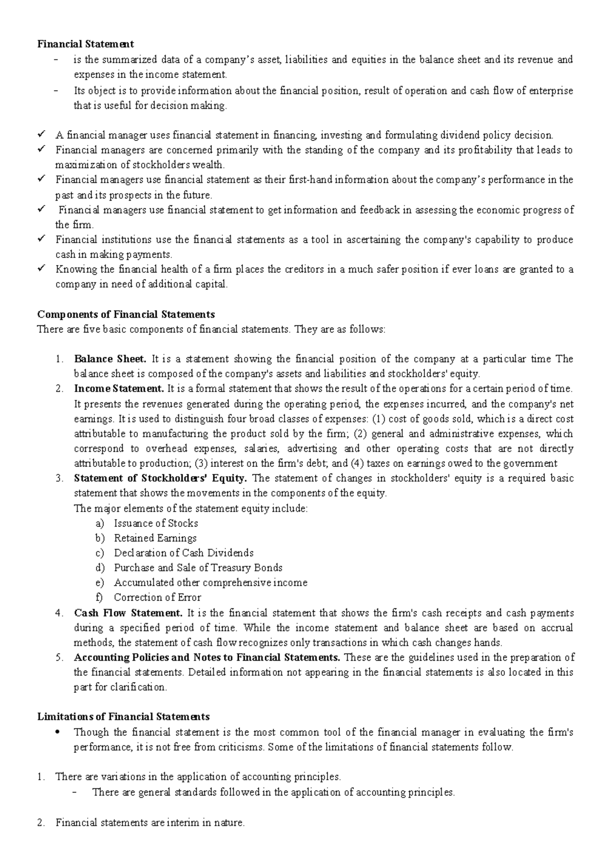 Financial Statement - Key Components and Limitations Notes - Studocu