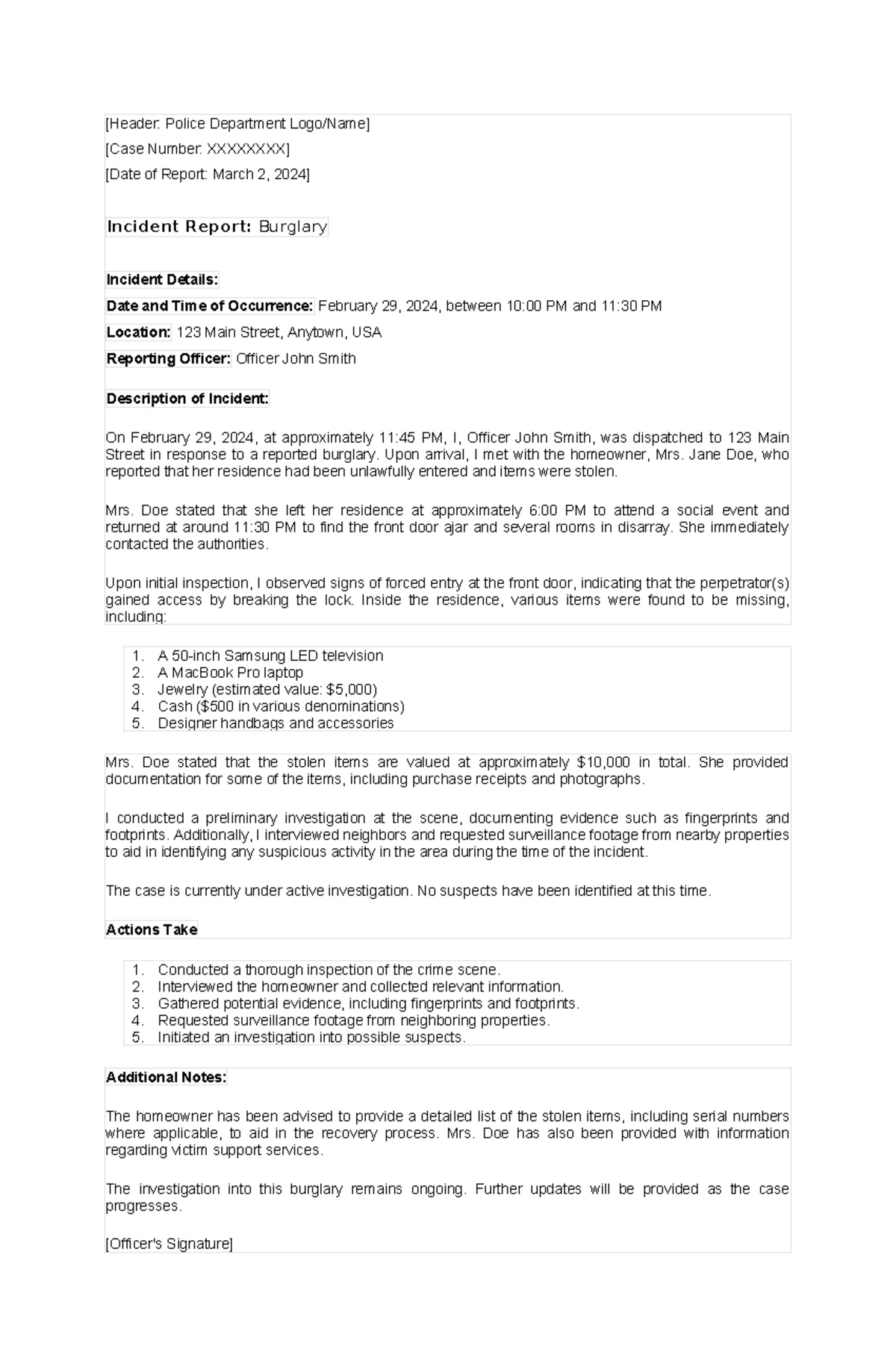 Burglary Incident Report - Case #XXXXXXXX - Police Dept. March 2024 ...