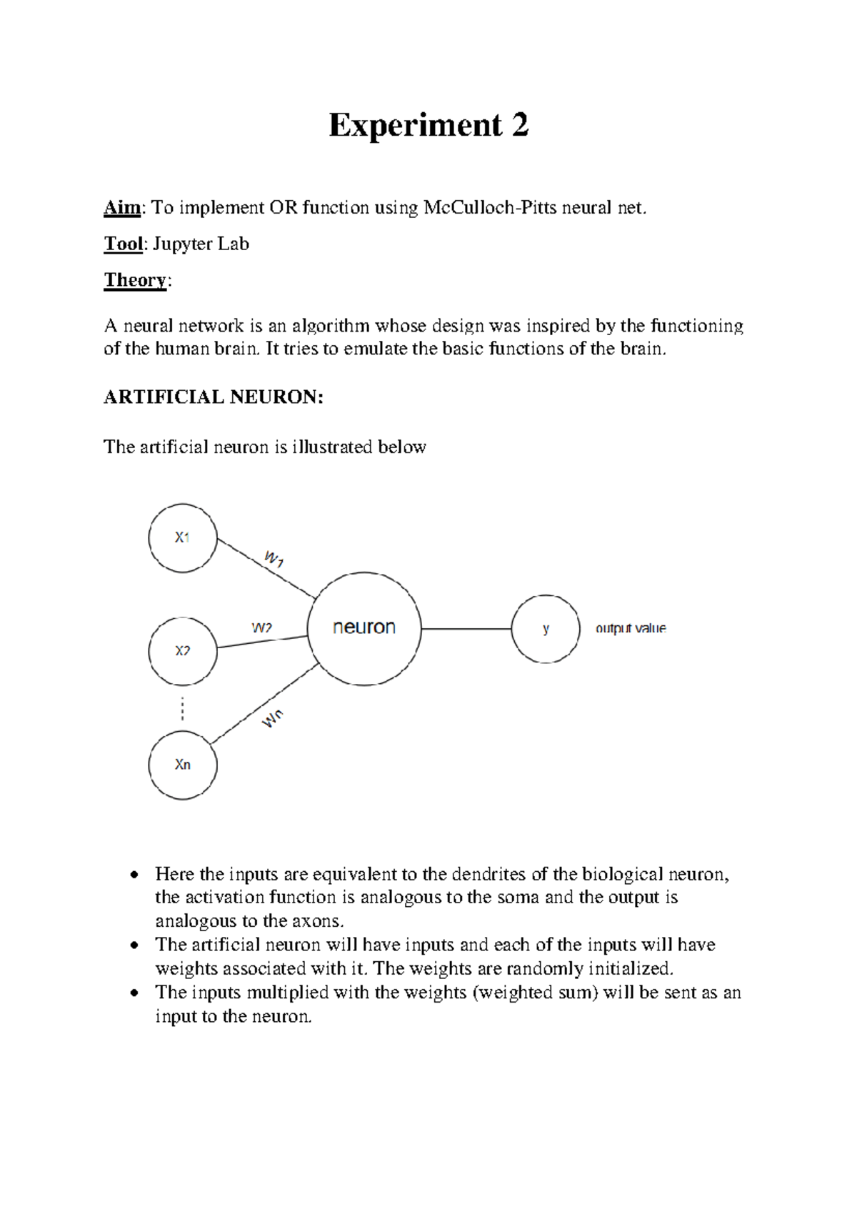 Experiment 2 - OR gate using McCulloch Pitts Model - Experiment 2 Aim: To implement OR function ...