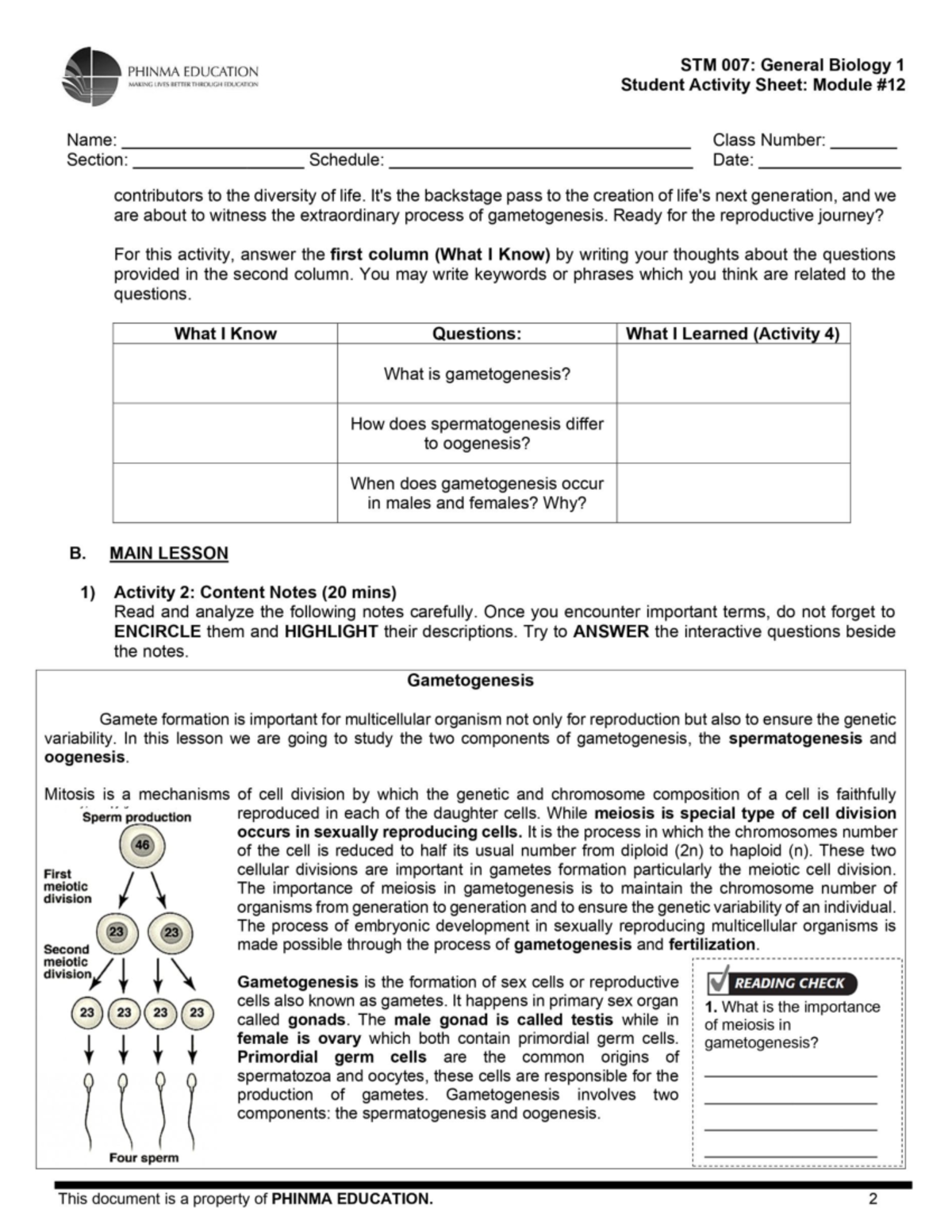 PHINMA EDUCATION STM 007: General Biology 1 - Gametogenesis & Plasma Membrane - Studocu