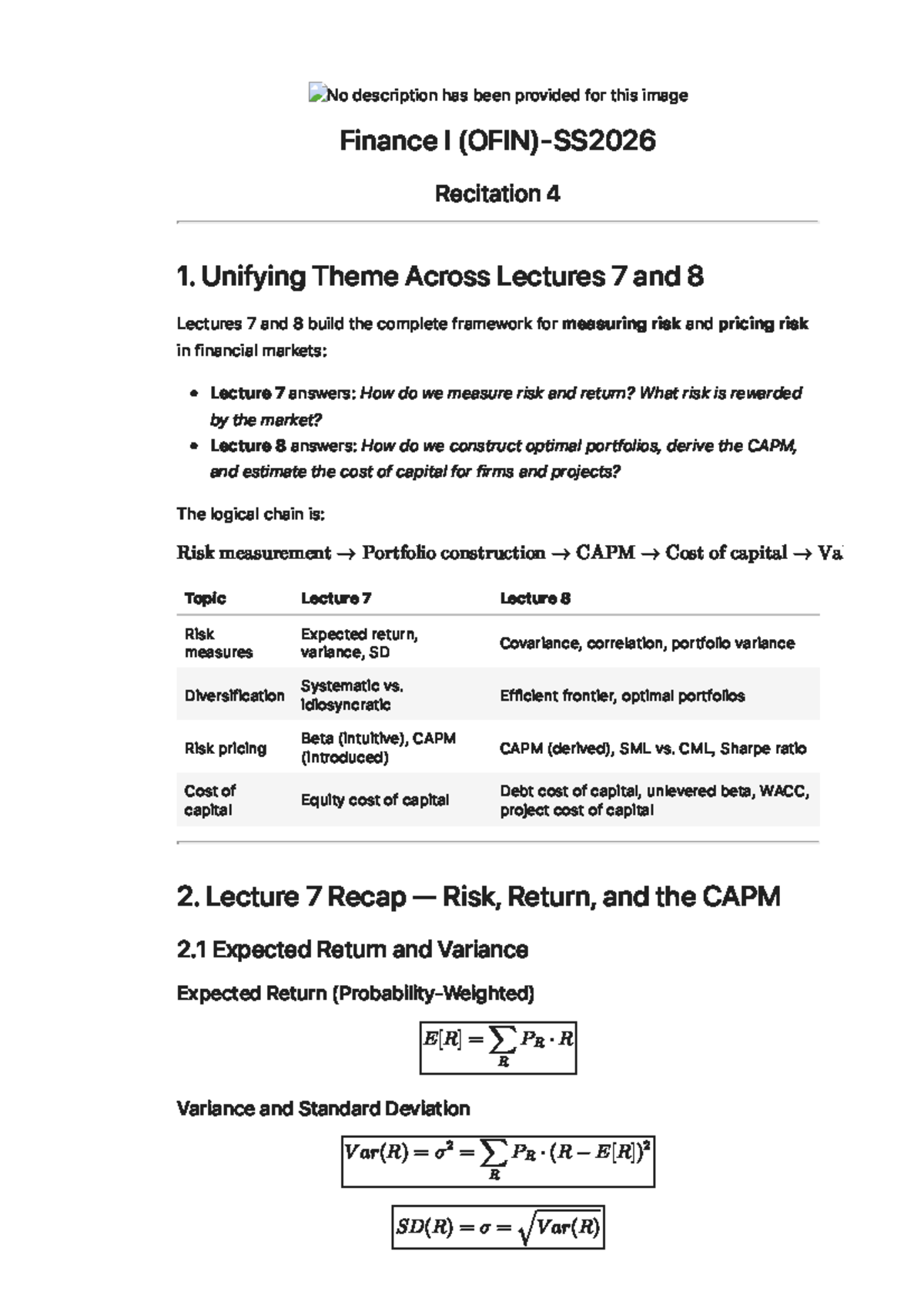 Finance I Recitation 4: Risk Measurement and Portfolio Theory Insights ...
