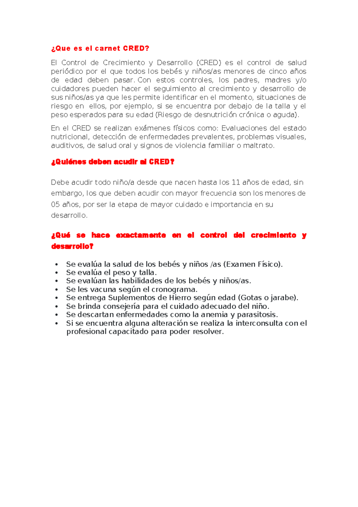 Control de Crecimiento y Desarrollo (CRED) para Niños Menores de 5 Años ...
